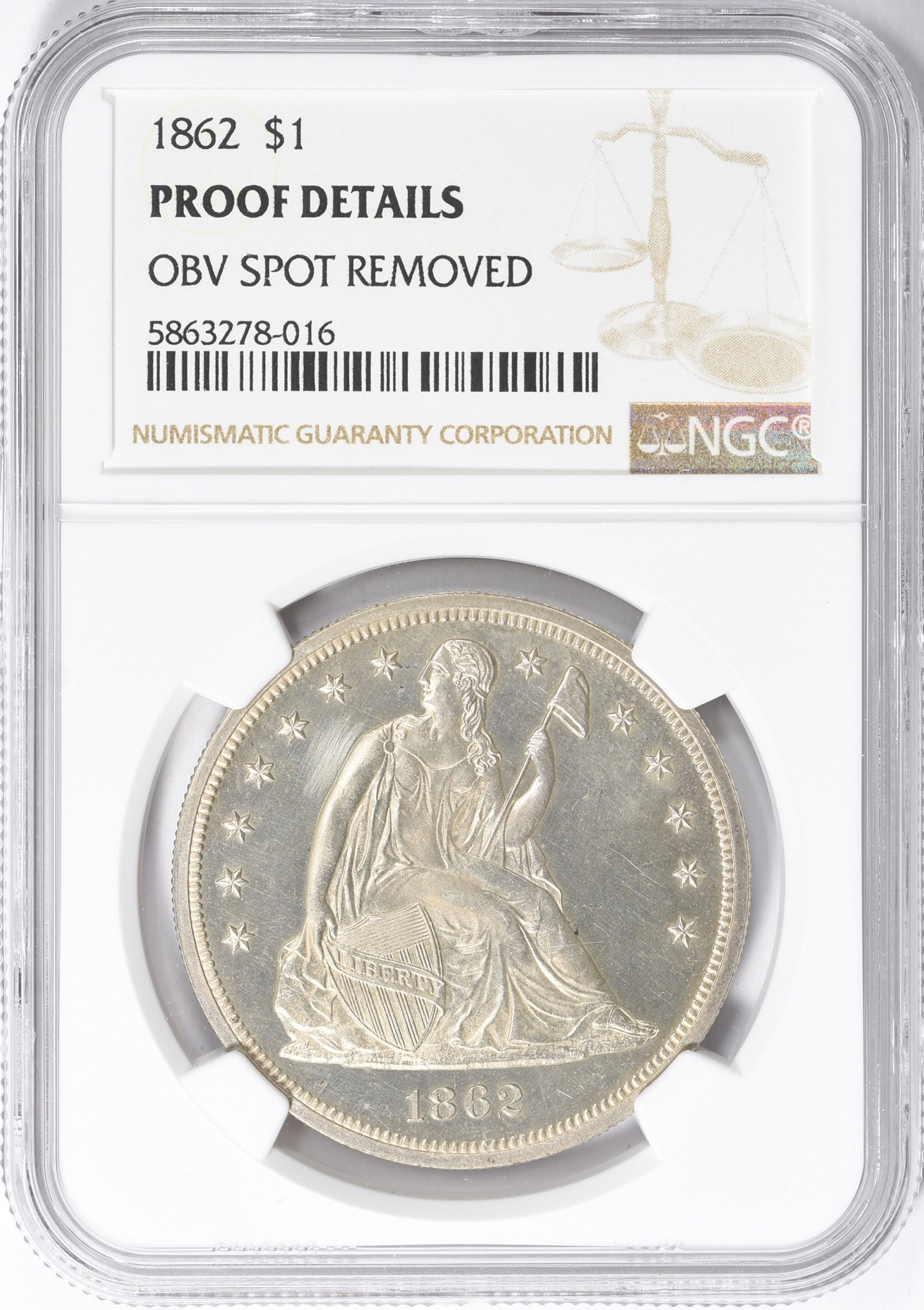 1862 Seated Liberty Silver Dollar NGC Proof Details (Item 1945553 ...