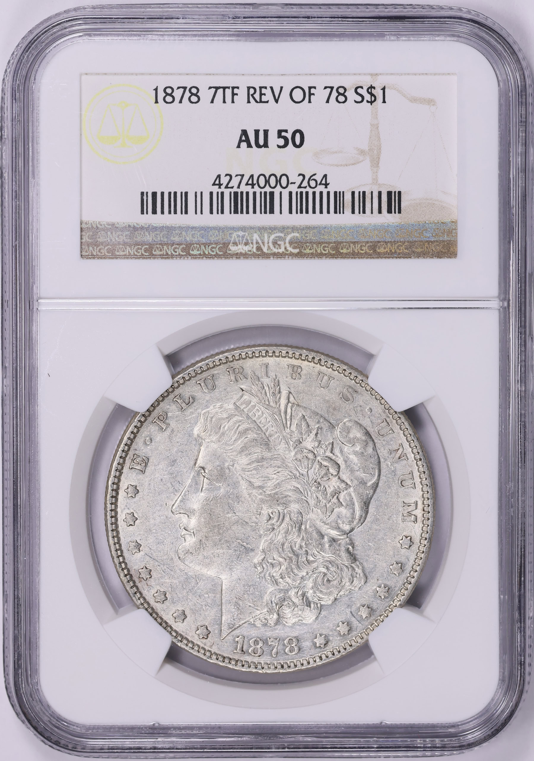 1878 Morgan Silver Dollar 7 Tailfeathers, Reverse of 1878 NGC AU-50 ...