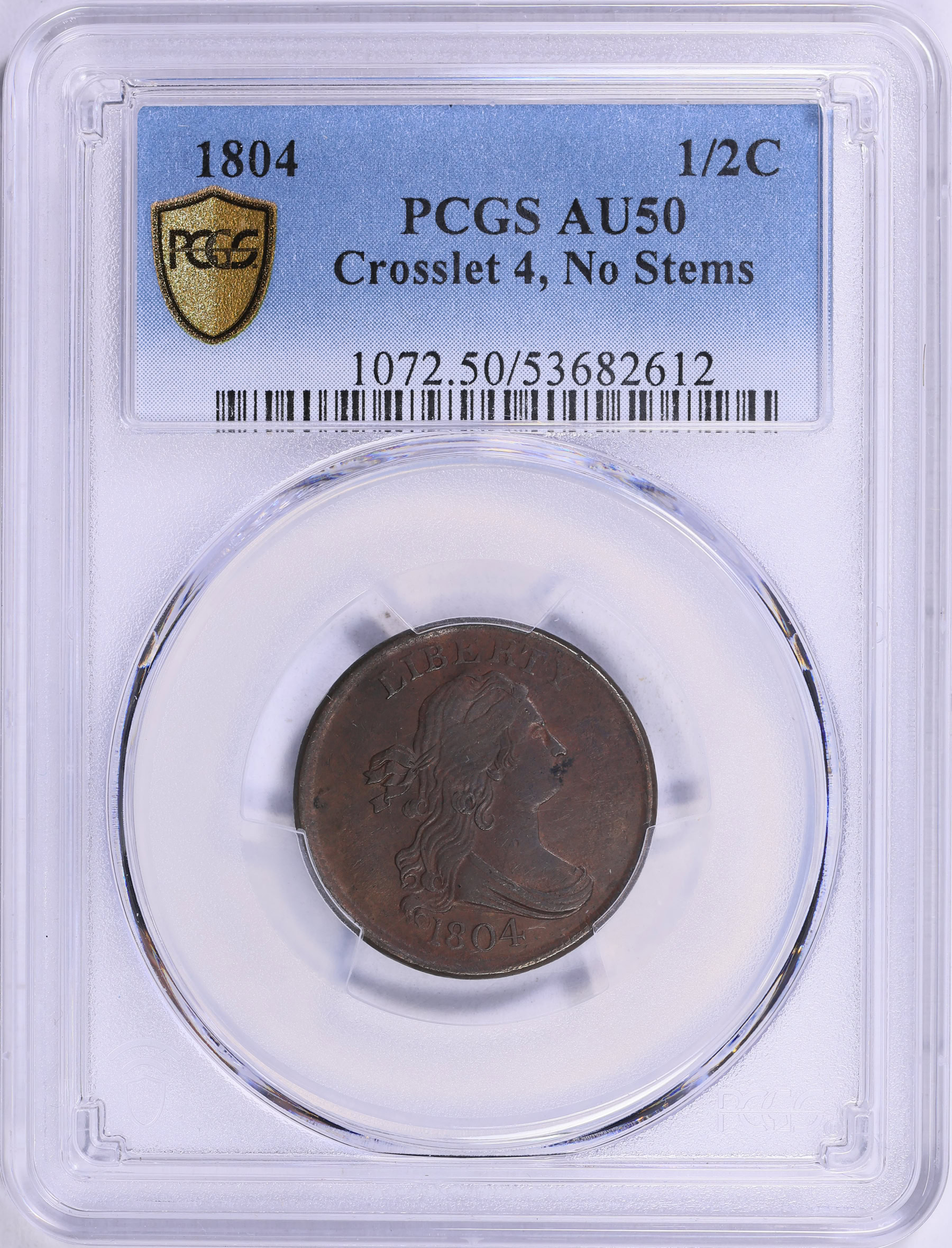 1804 Draped Bust Half Cent Crosslet 4, No Stems PCGS AU-50 BN (Item ...