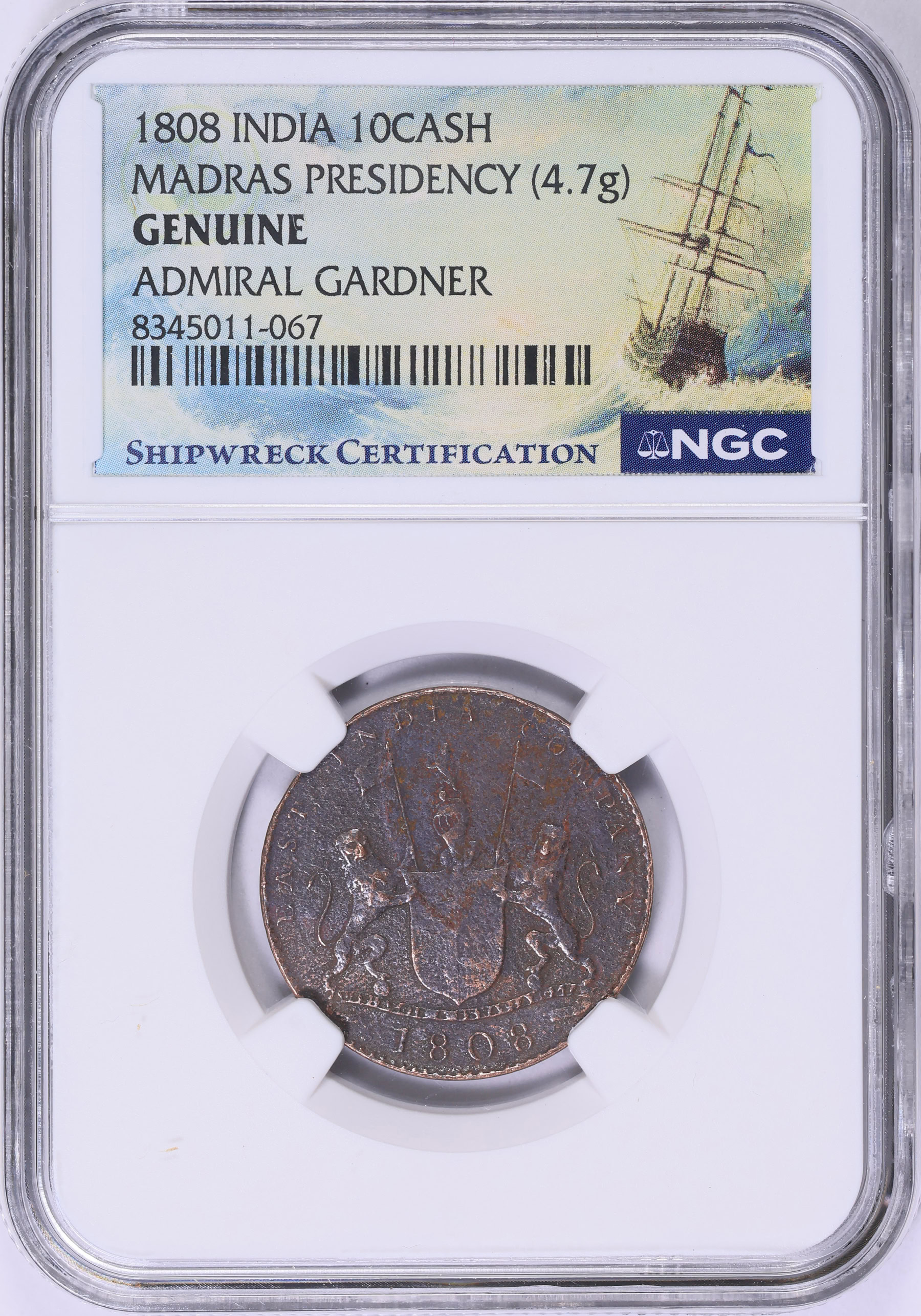 India - Madras Presidency 1808 10 Cash KM-319 NGC Genuine (4.7gms ...