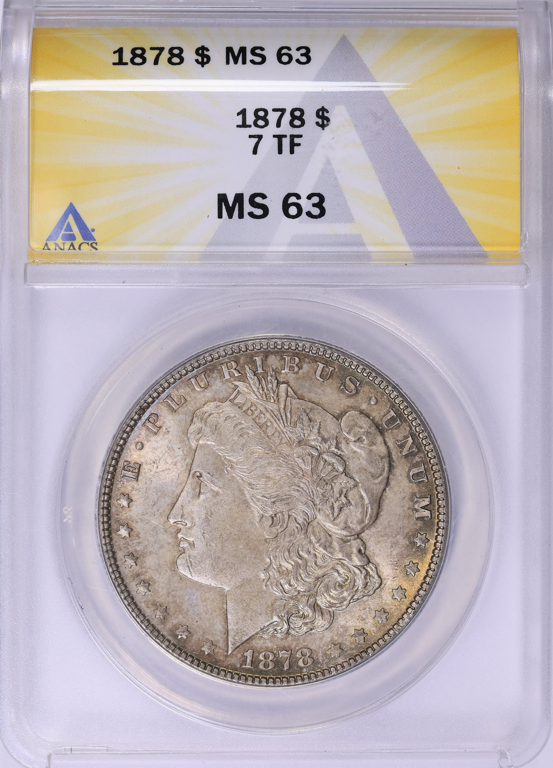 1878 Morgan Silver Dollar 7 Tailfeathers, ANACS MS-63 (Toned) (Item ...