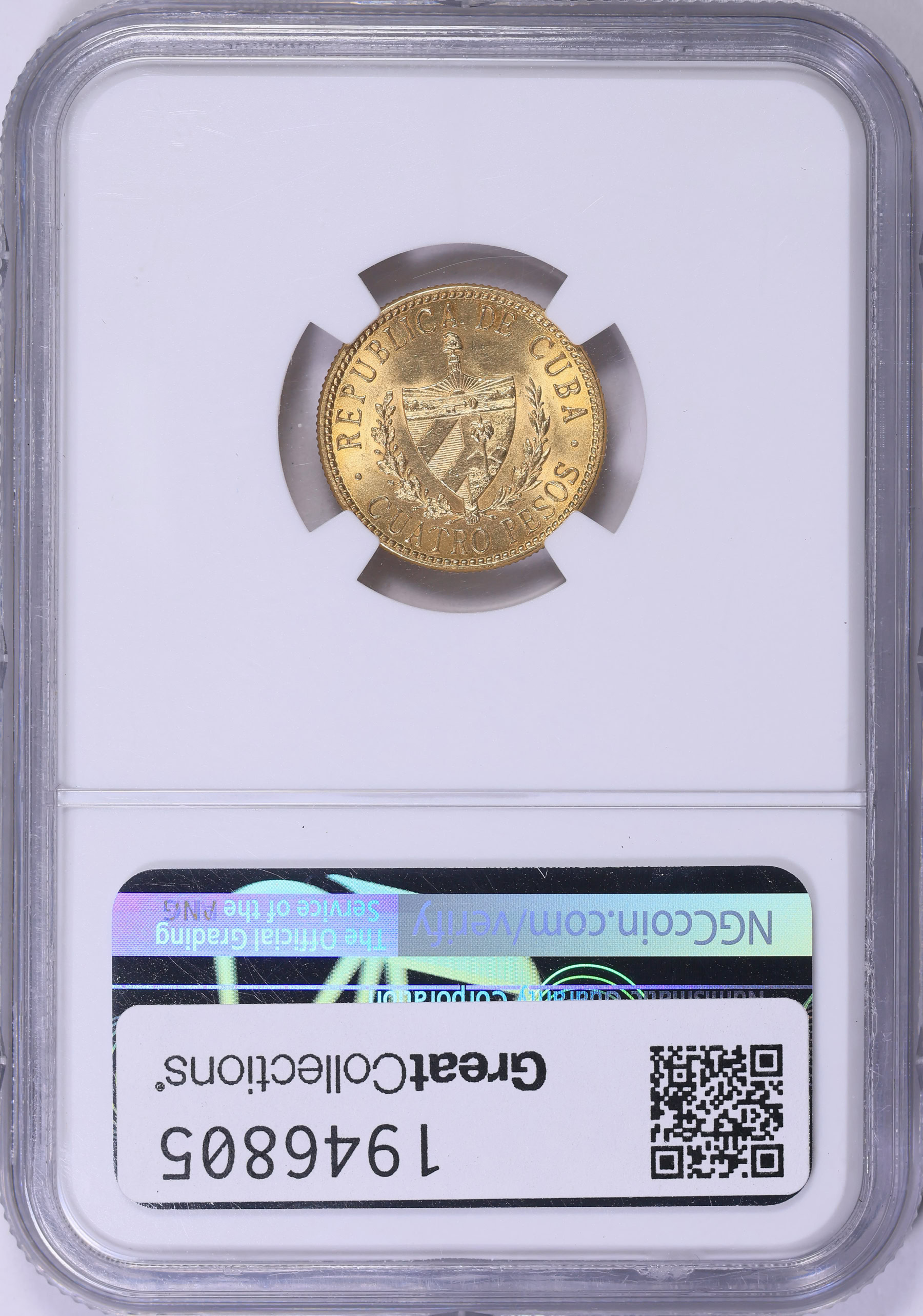 Cuba 1916 Gold 4 Pesos KM-18 NGC MS-61 (AGW = 0.1935 oz.) (Item 1946805 ...