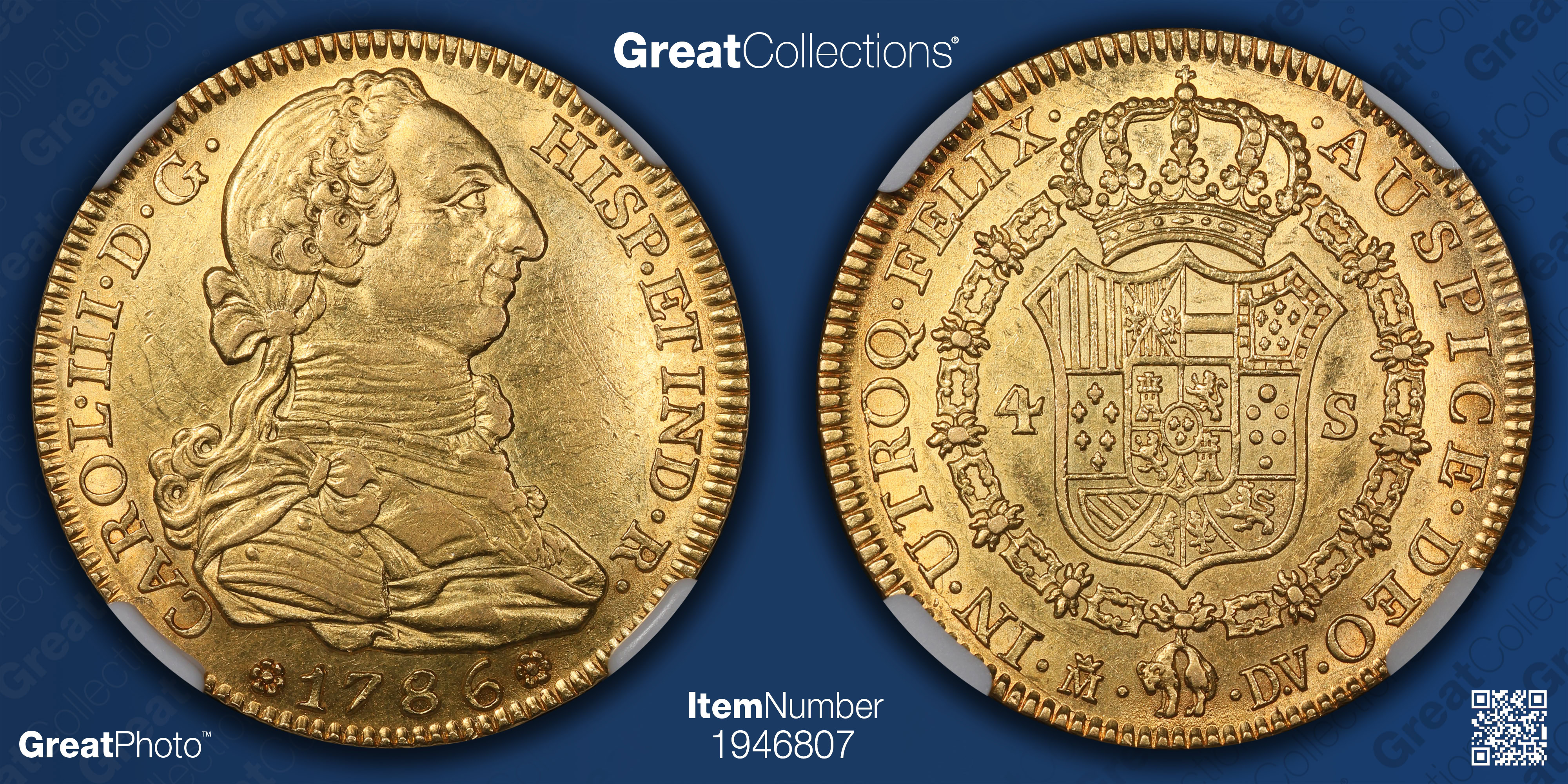 Spain 1786-M DV Gold 4 Escudos KM-418.1a NGC AU-55 (AGW = 0.3809 oz ...