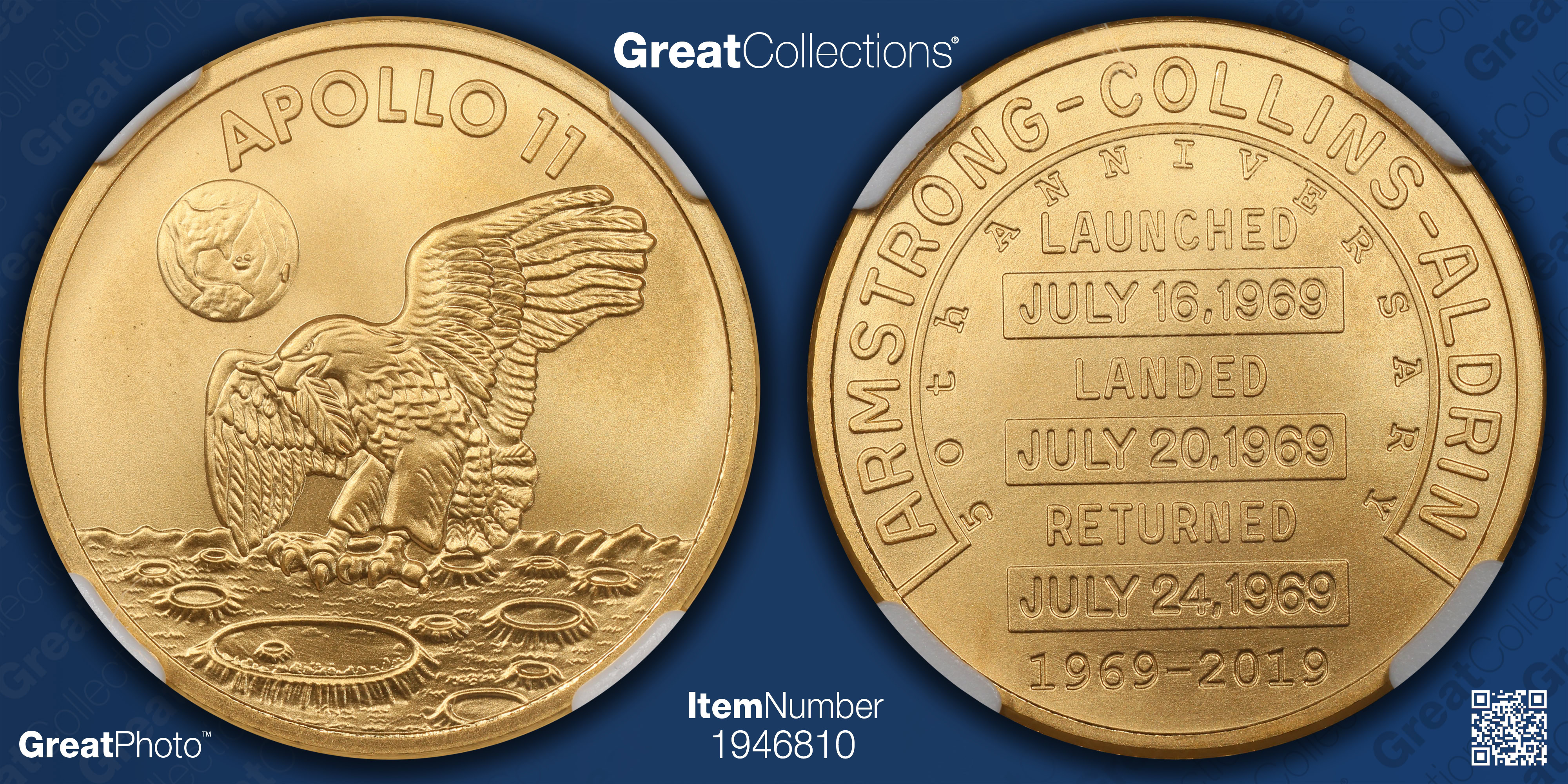 2019 Gold 1/2oz. Apollo 11 50th Anniversary Robbins Medal Restrike ...