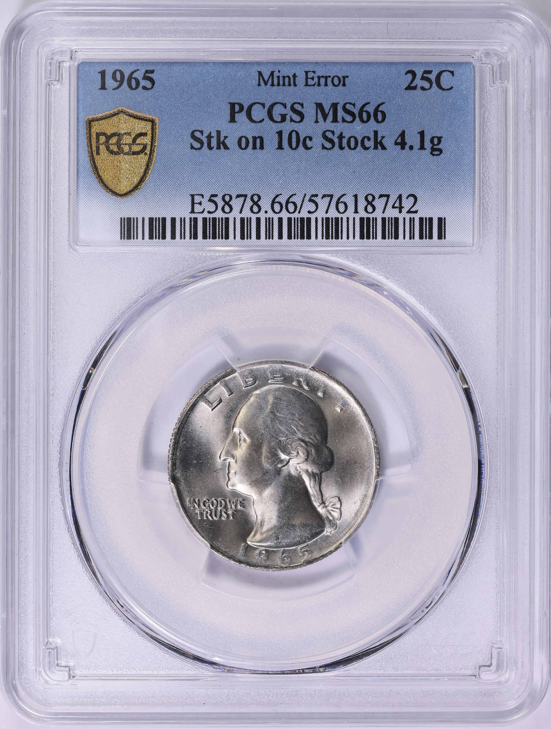 Mint Error 1965 Washington Quarter Struck on 10 c Stock 4.1 Grams PCGS ...