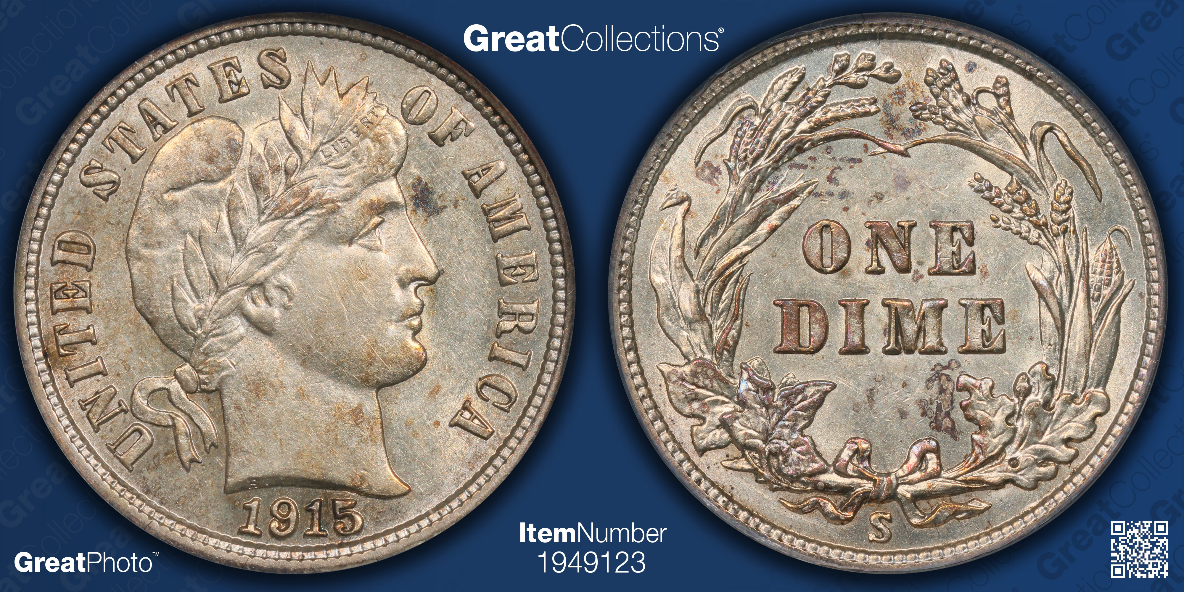 1915-S Barber Dime ANACS AU-53 (Item 1949123) | GreatCollections Coin ...