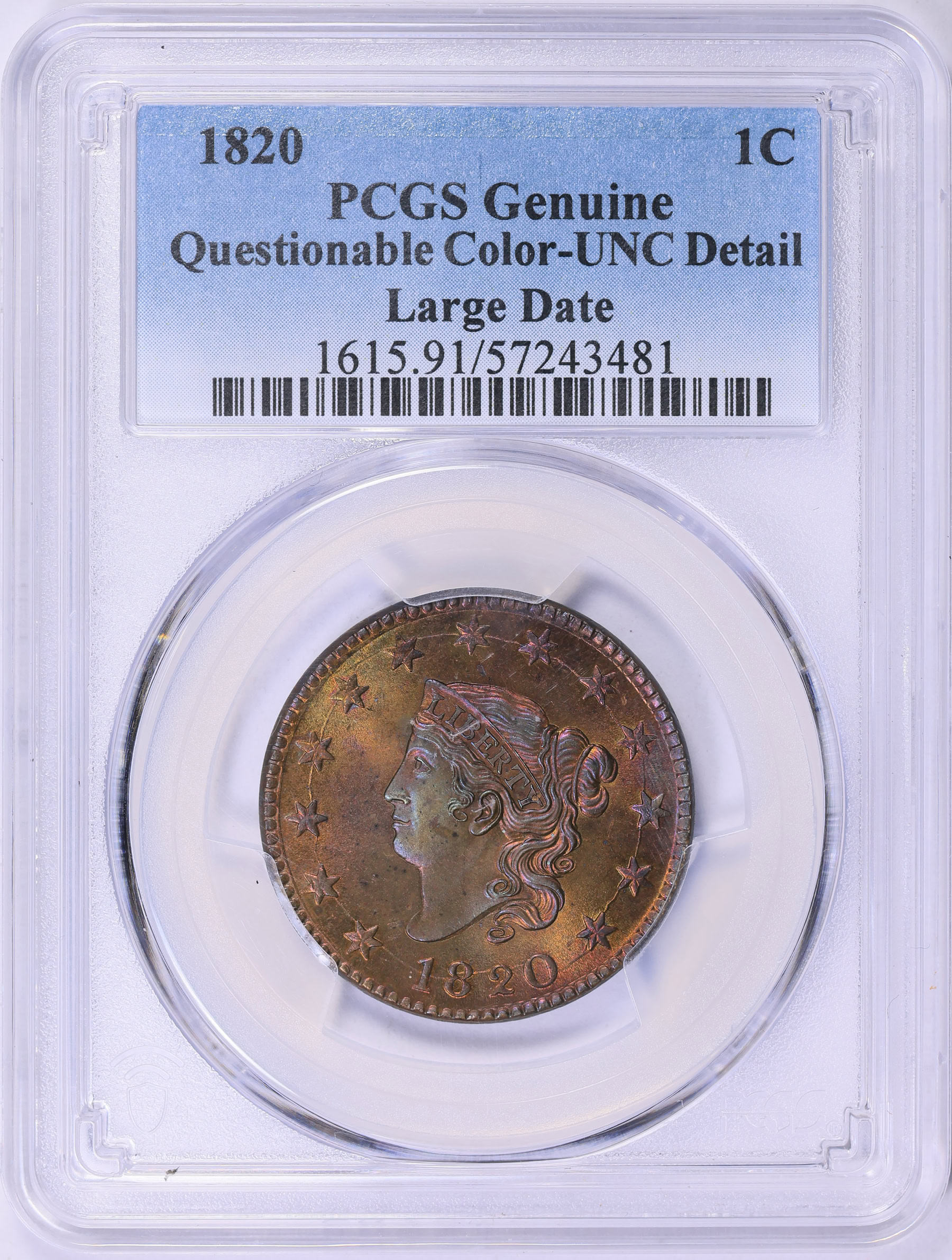 1820 Matron Cent Large Date PCGS Genuine Unc Details (Art. Toned) (Item ...
