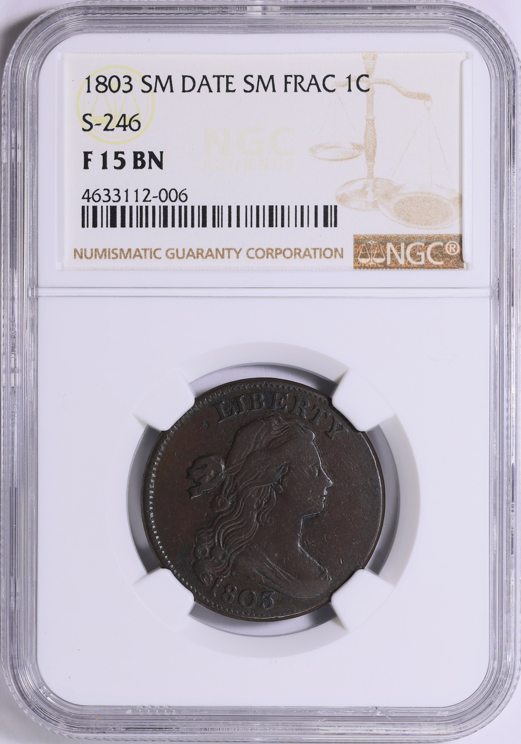 1803 Draped Bust Cent Small Date, Small Fraction Sheldon 246 NGC F-15 ...
