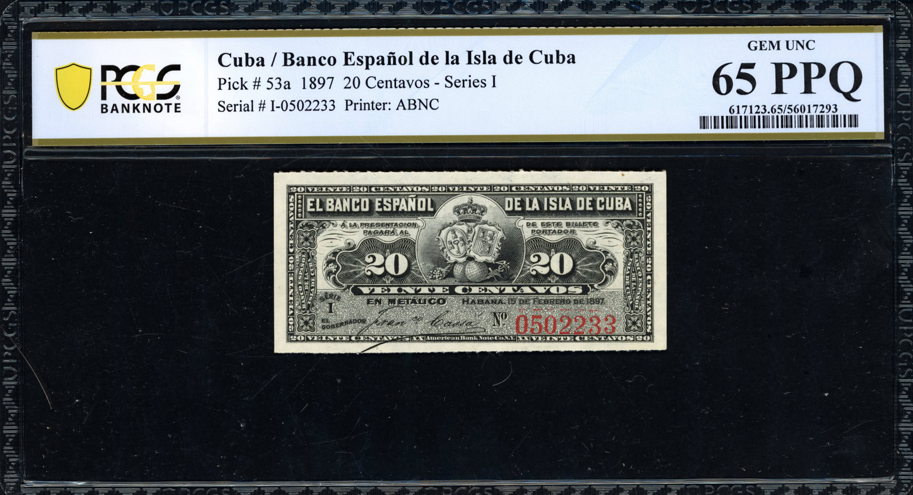 Cuba 1897 20 Centavos Banco Espanol de la Isla de Cuba Note SCWPM-53a ...