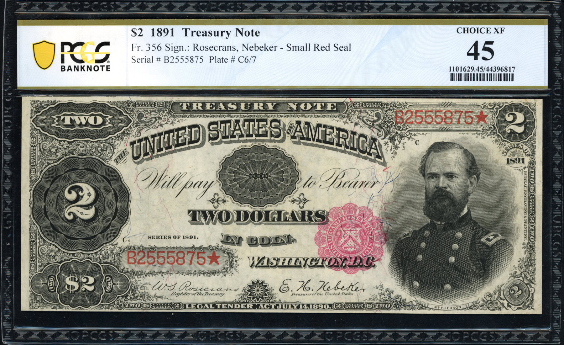 Fr. 356 1891 $2 Treasury Note Rosecrans / Nebeker PCGS Banknote Choice ...