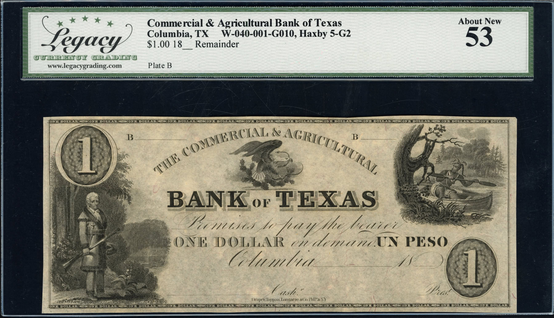 1830s Columbia, Texas Commercial & Agricultural Bank $1 Remainder Note ...
