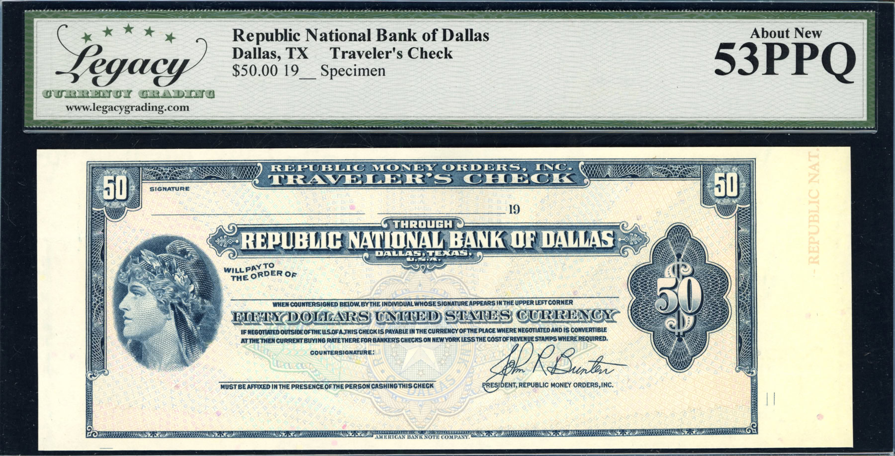 19__ Dallas, Texas Republic National Bank of Dallas $50 Traveler's ...