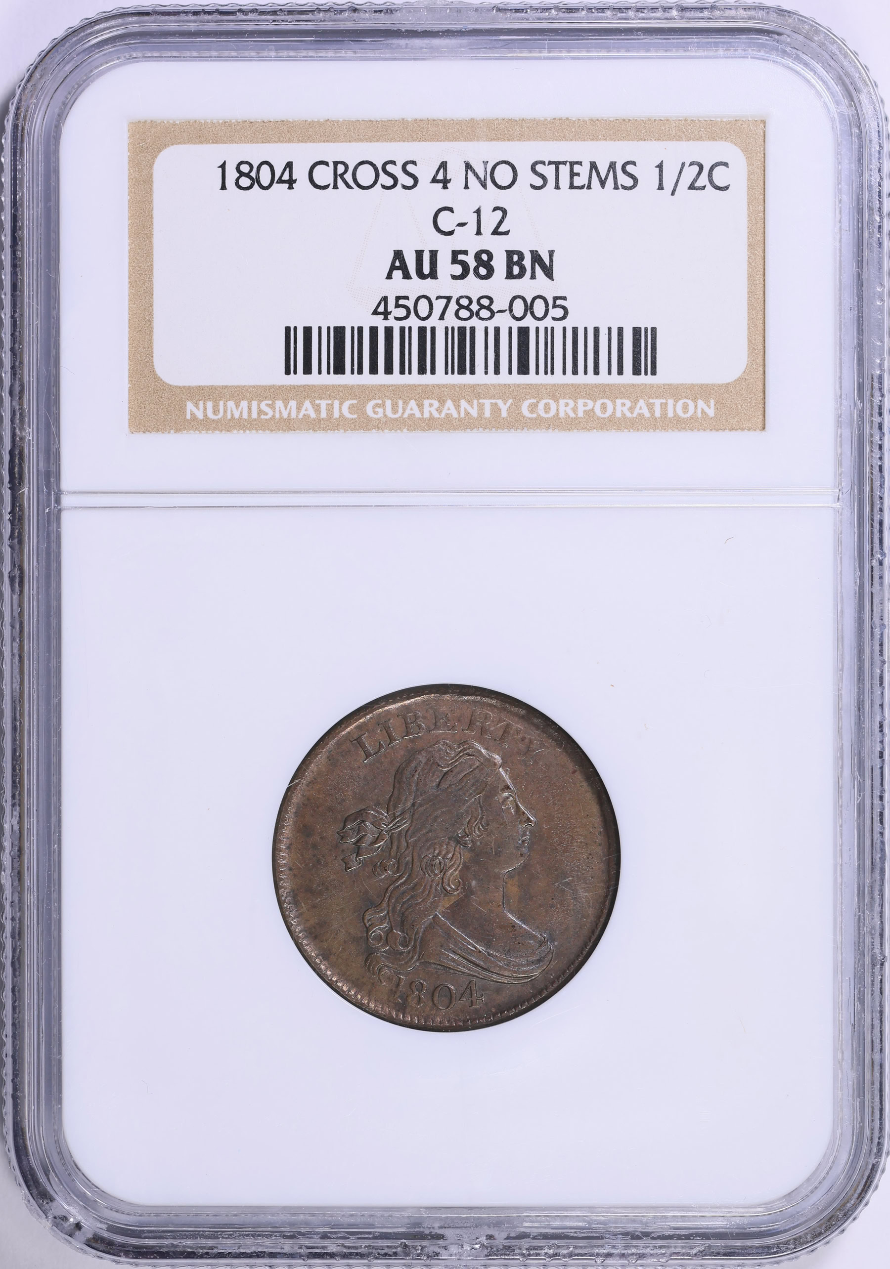 1804 Draped Bust Half Cent Crosslet 4, No Stems Cohen 12 NGC AU-58 BN ...