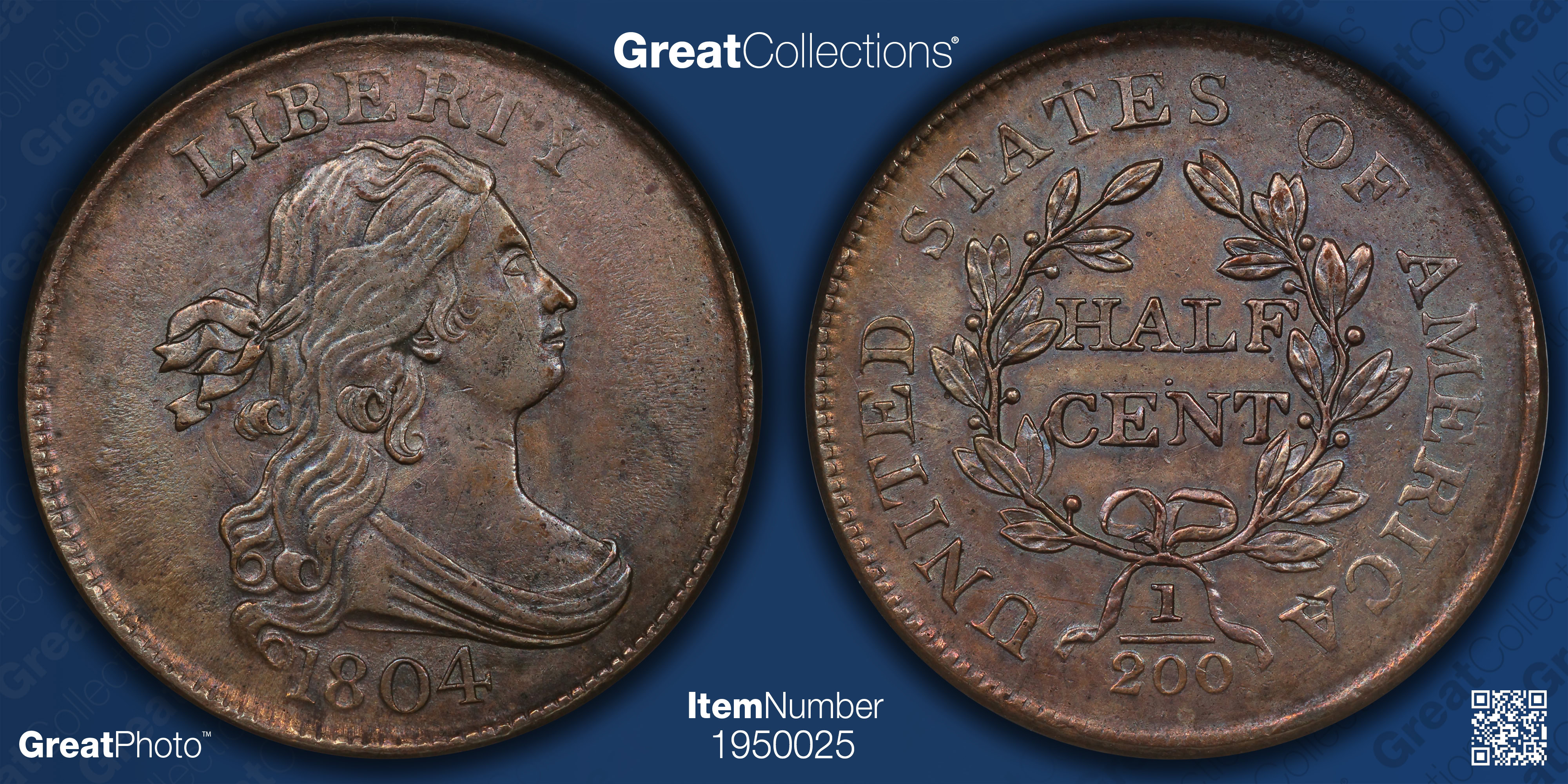 1804 Draped Bust Half Cent Crosslet 4, No Stems Cohen 12 NGC AU-58 BN ...