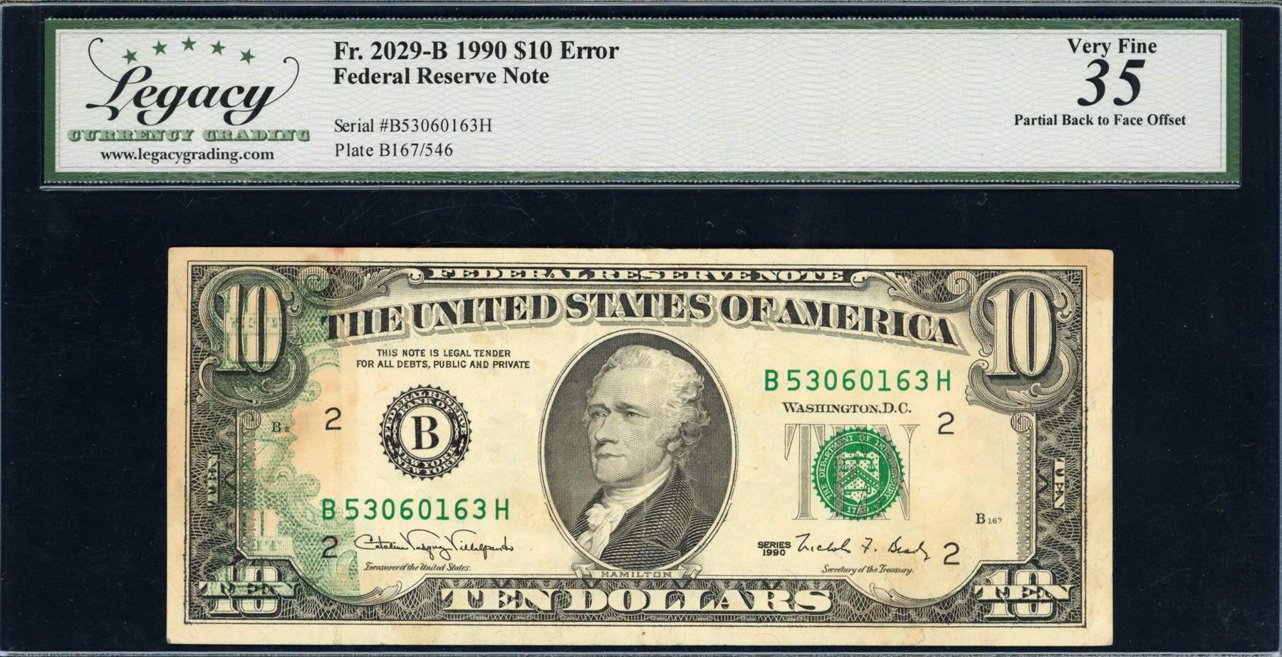Fr. 2029-B (BH Block) 1990 $10 New York Federal Reserve Error Note ...