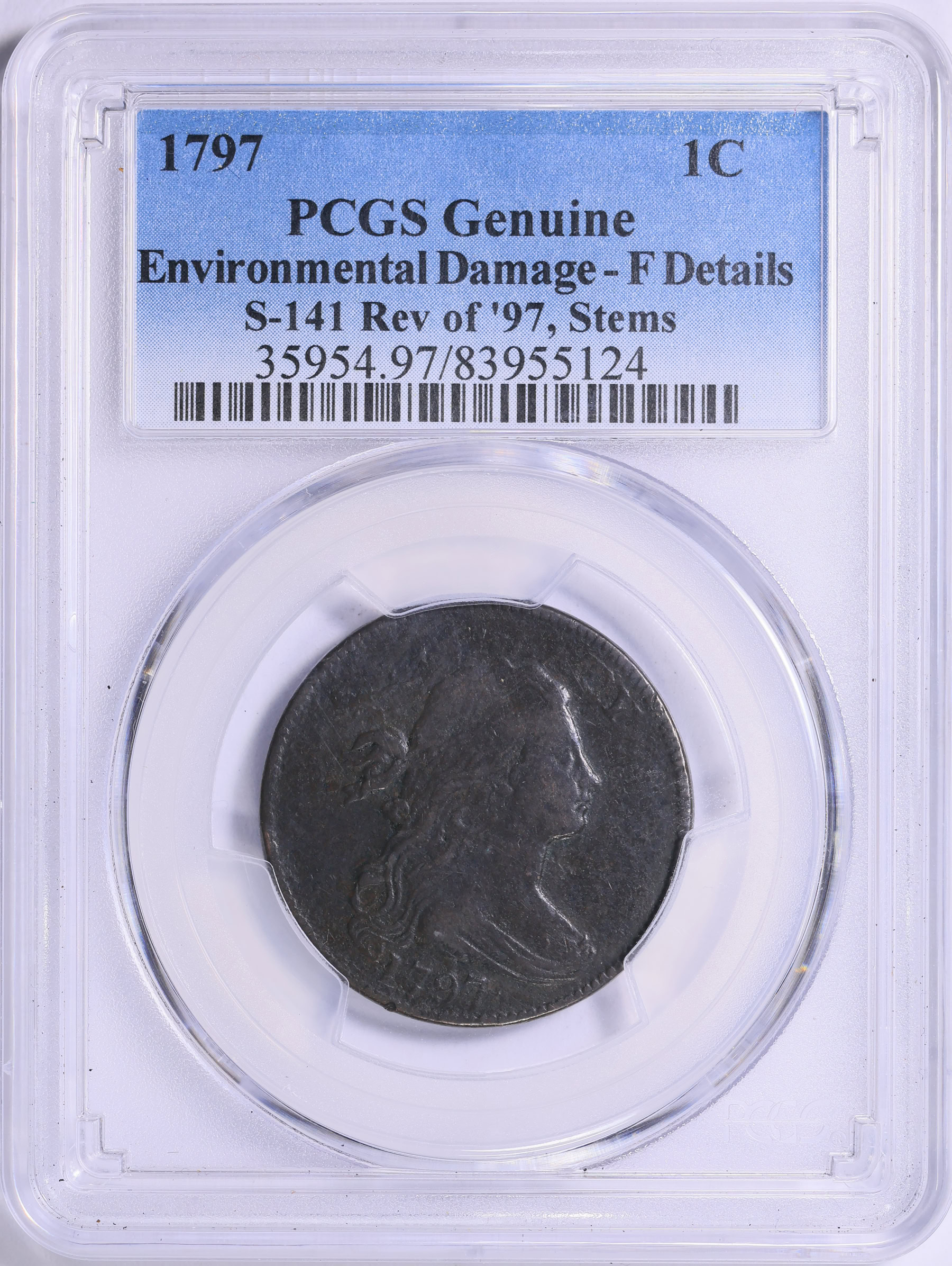 1797 Draped Bust Cent Reverse of '97, Stems Sheldon 141 PCGS Genuine ...