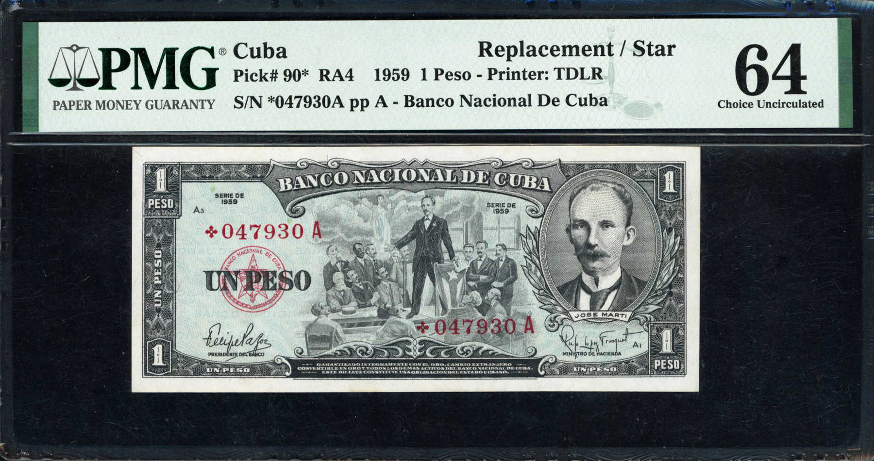 Cuba 1959 1 Peso Banco Nacional de Cuba Replacement Note SCWPM-90* PMG ...