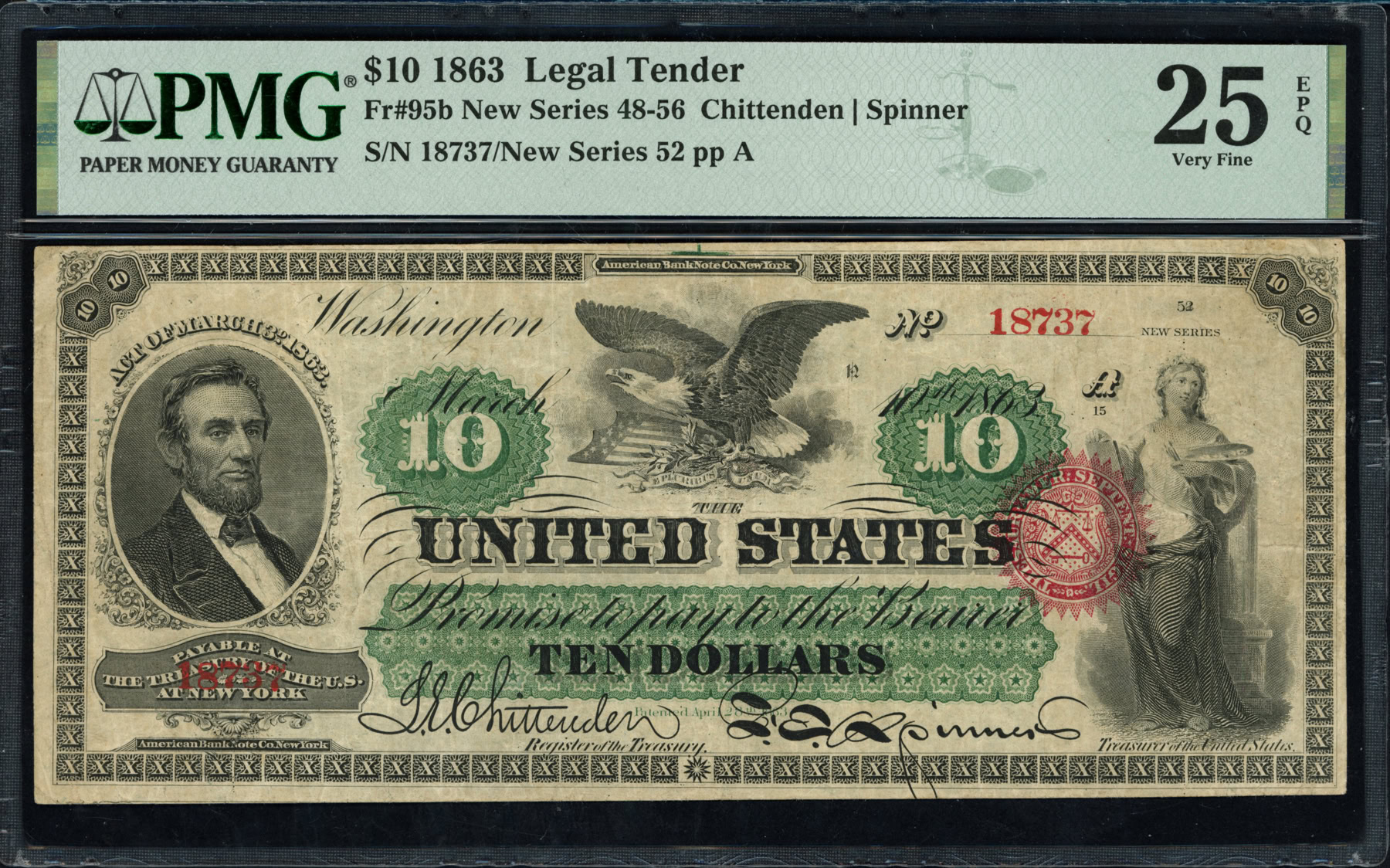 Fr. 95b 1863 $10 Legal Tender Note New Series 52 Chittenden / Spinner ...