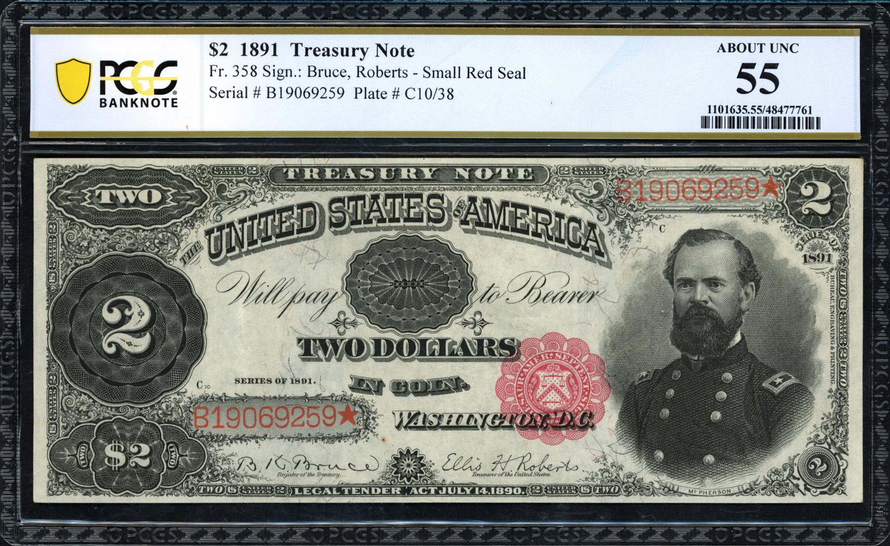 Fr. 358 1891 $2 Treasury Note Bruce / Roberts PCGS Banknote About Unc ...
