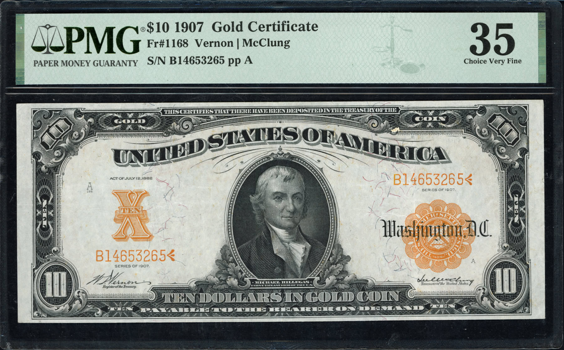 Fr. 1168 1907 $10 Gold Certificate Note Vernon / McClung PMG Choice ...