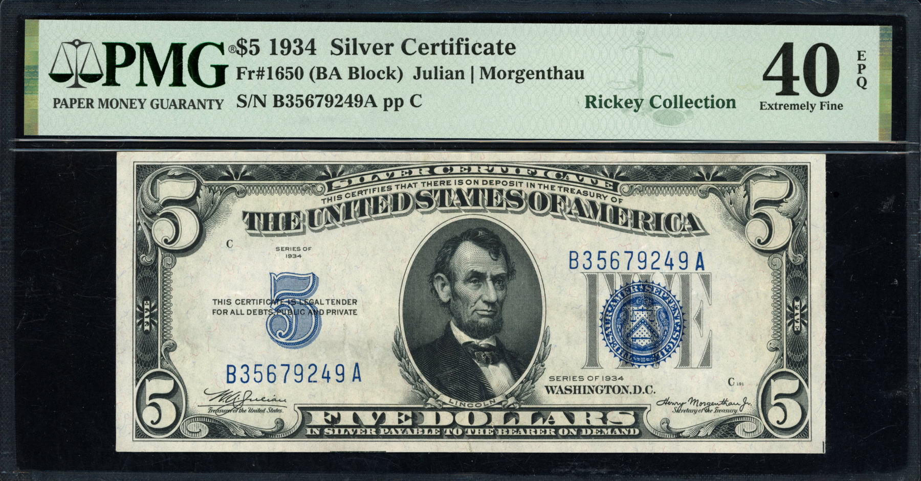 Fr. 1650 (BA Block) 1934 $5 Silver Certificate Note Julian / Morgenthau PMG Extremely Fine 40 ...
