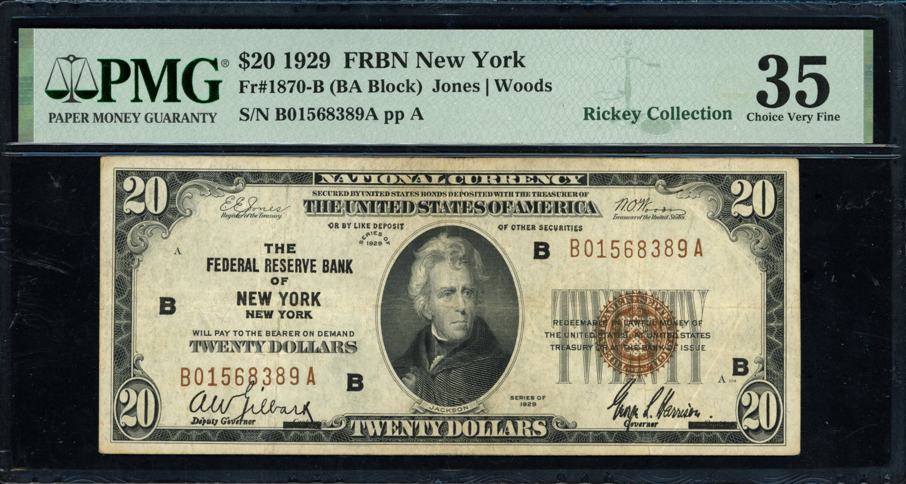 Fr. 1870-B (BA Block) 1929 $20 New York Federal Reserve Bank Note Jones ...