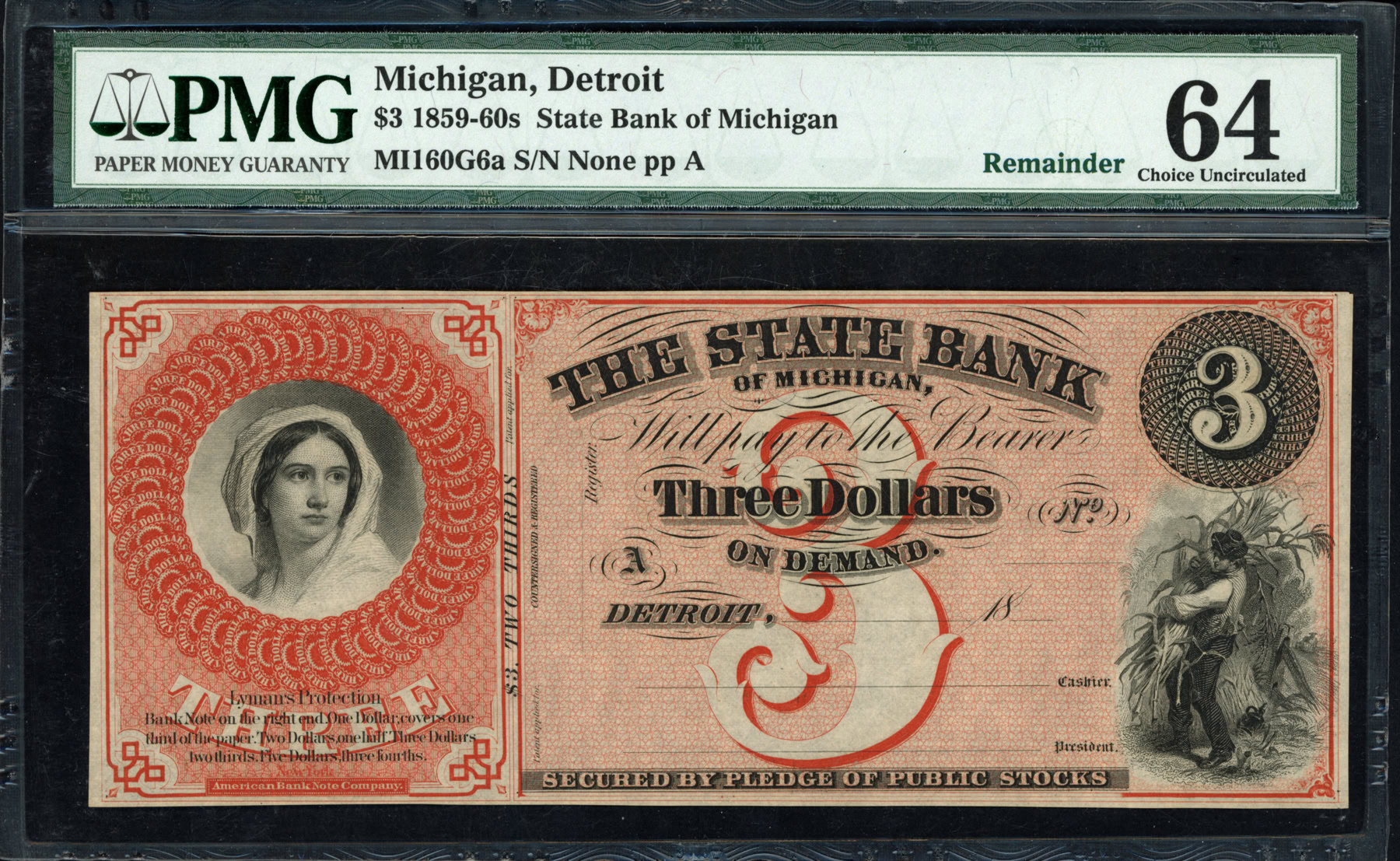 1859-60s Detroit, Michigan State Bank of Michigan $3 Remainder Note PMG ...
