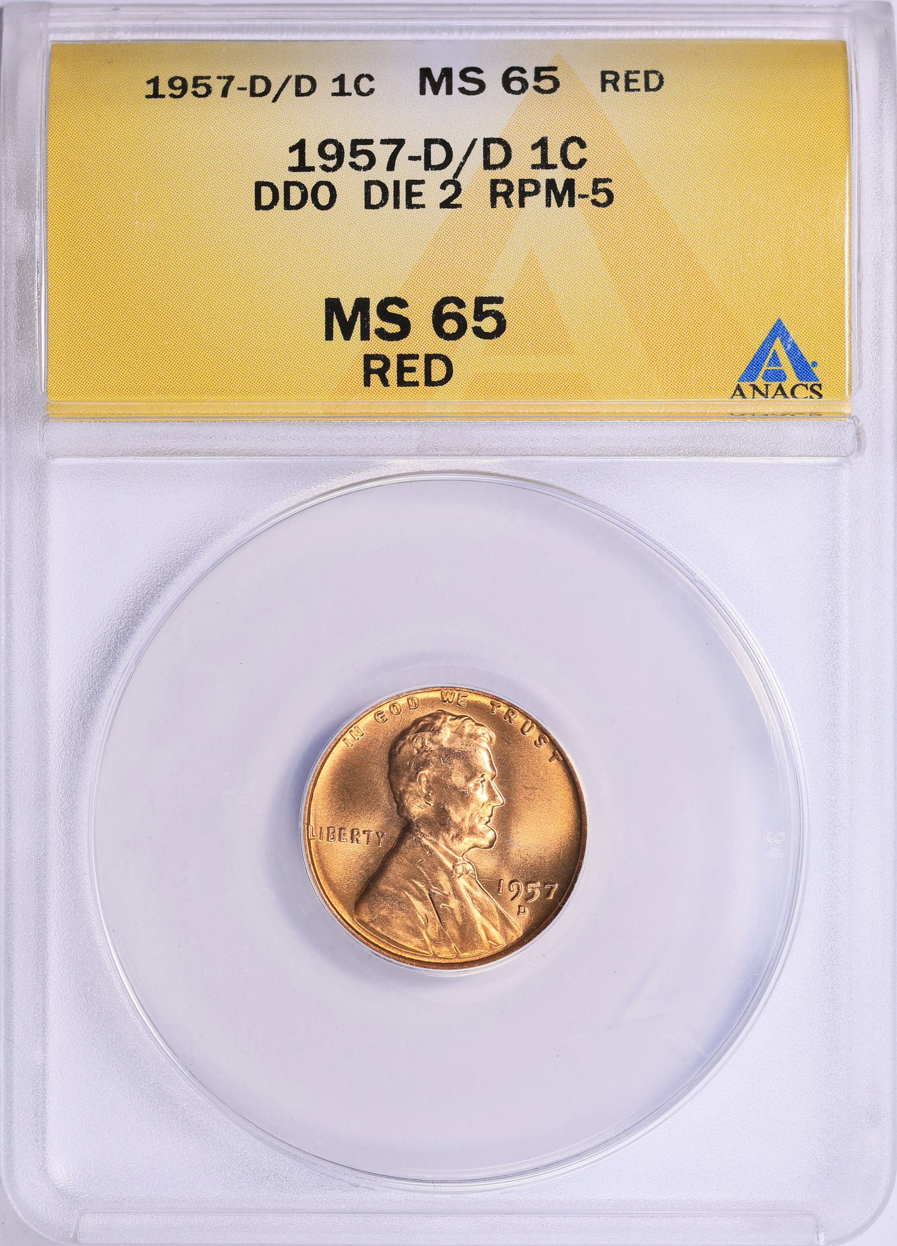 1957-D/D Lincoln Cent DDO Die 2 RPM-5 ANACS MS-65 RD | ANACS Cert ...