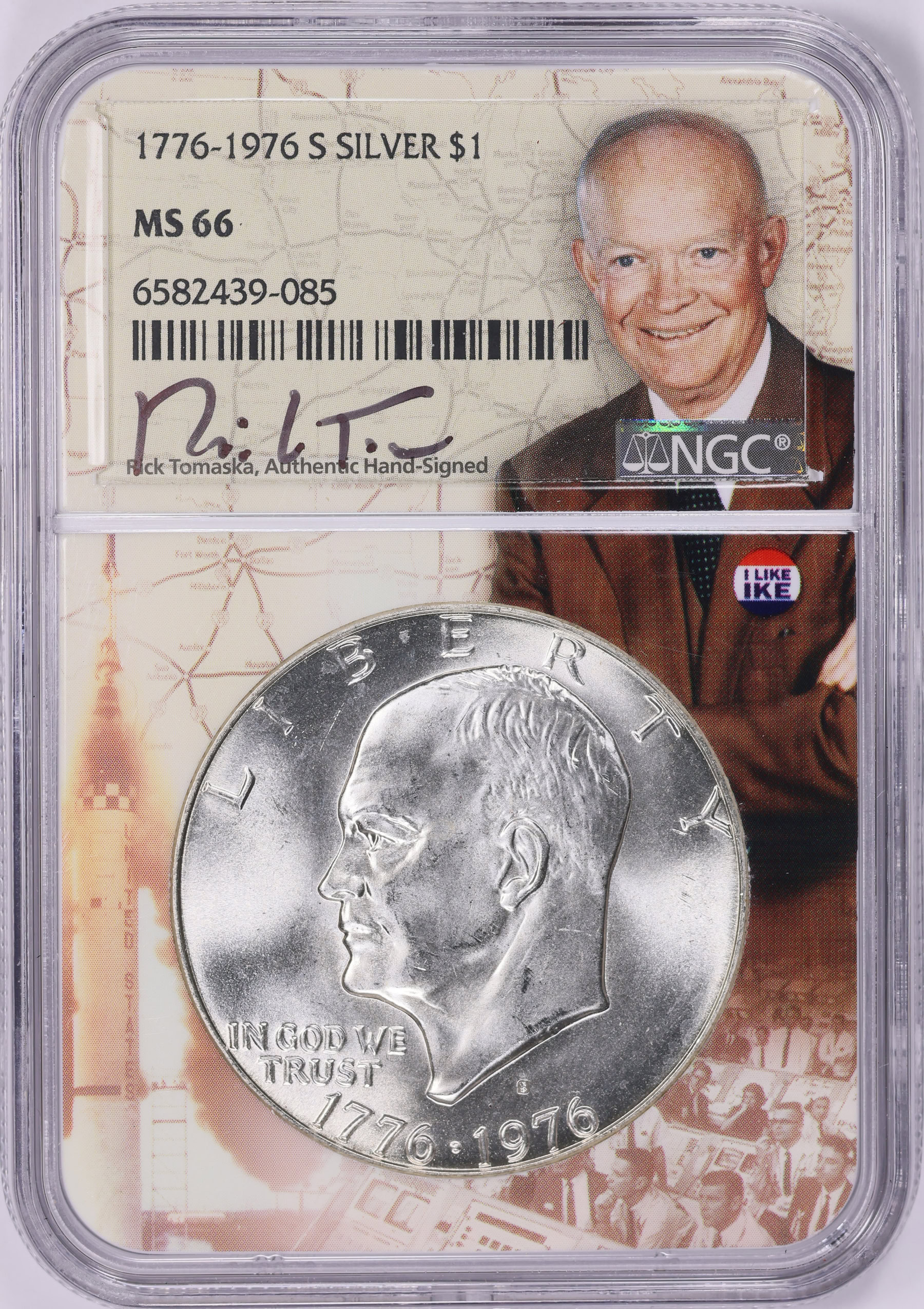 1976-S Eisenhower Dollar Silver NGC MS-66 (Rick Tomaska Signed Label) (I Like Ike Frame Holder ...