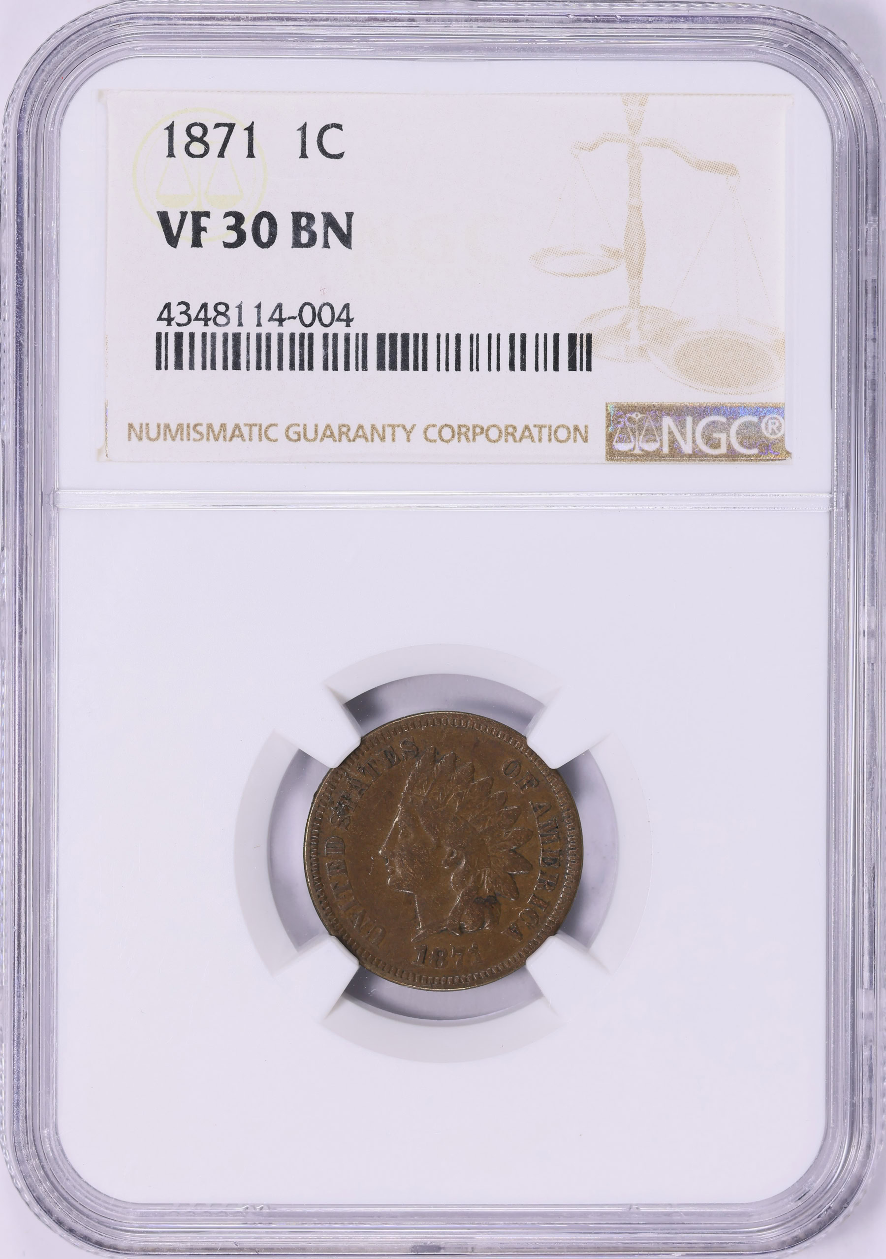 1871 Indian Cent NGC VF-30 BN (Item 1951025) | GreatCollections Coin Auctions