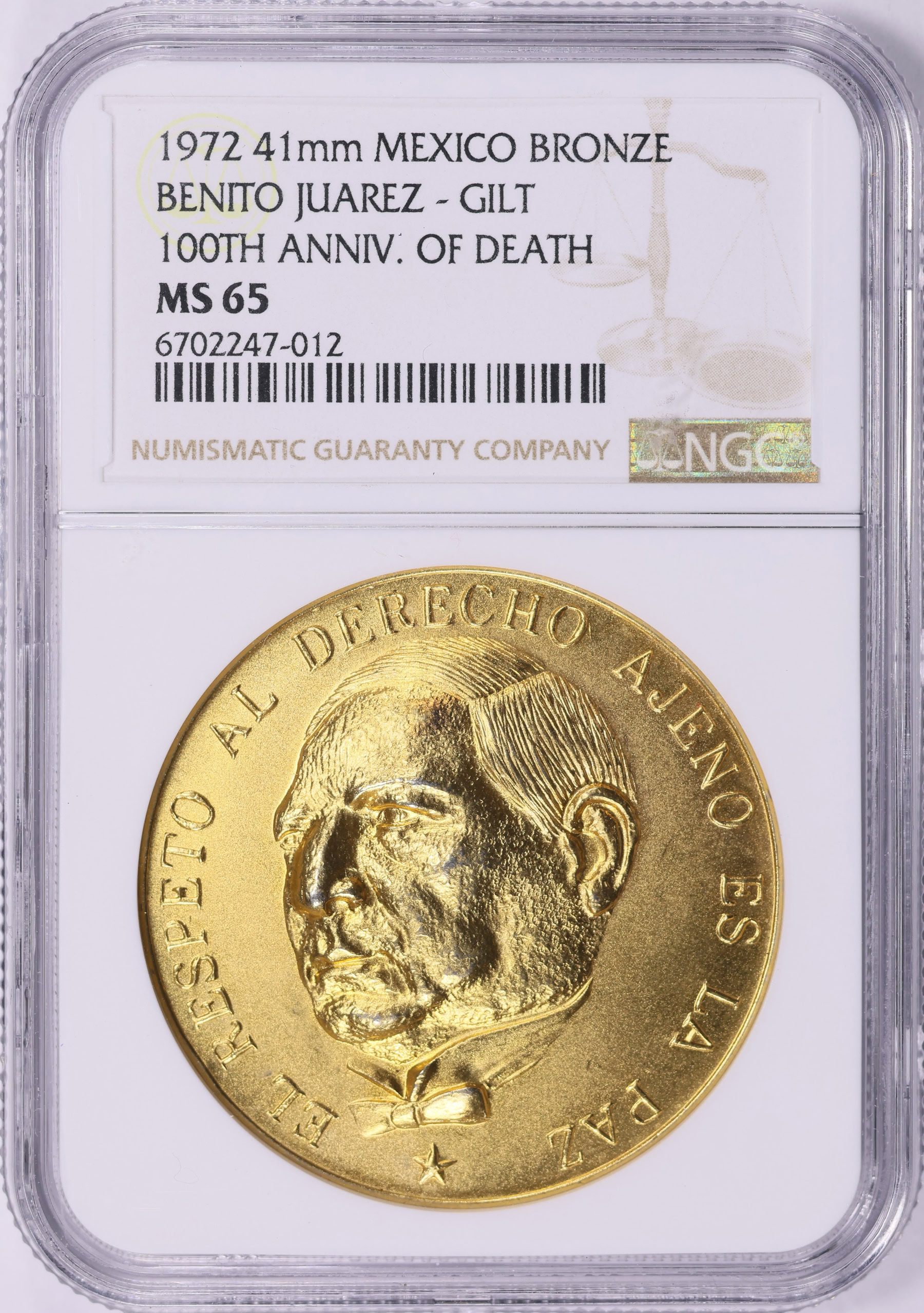 Mexico 1972 Gilt Bronze 41mm Death of Benito Juarez 100th Anniversary ...