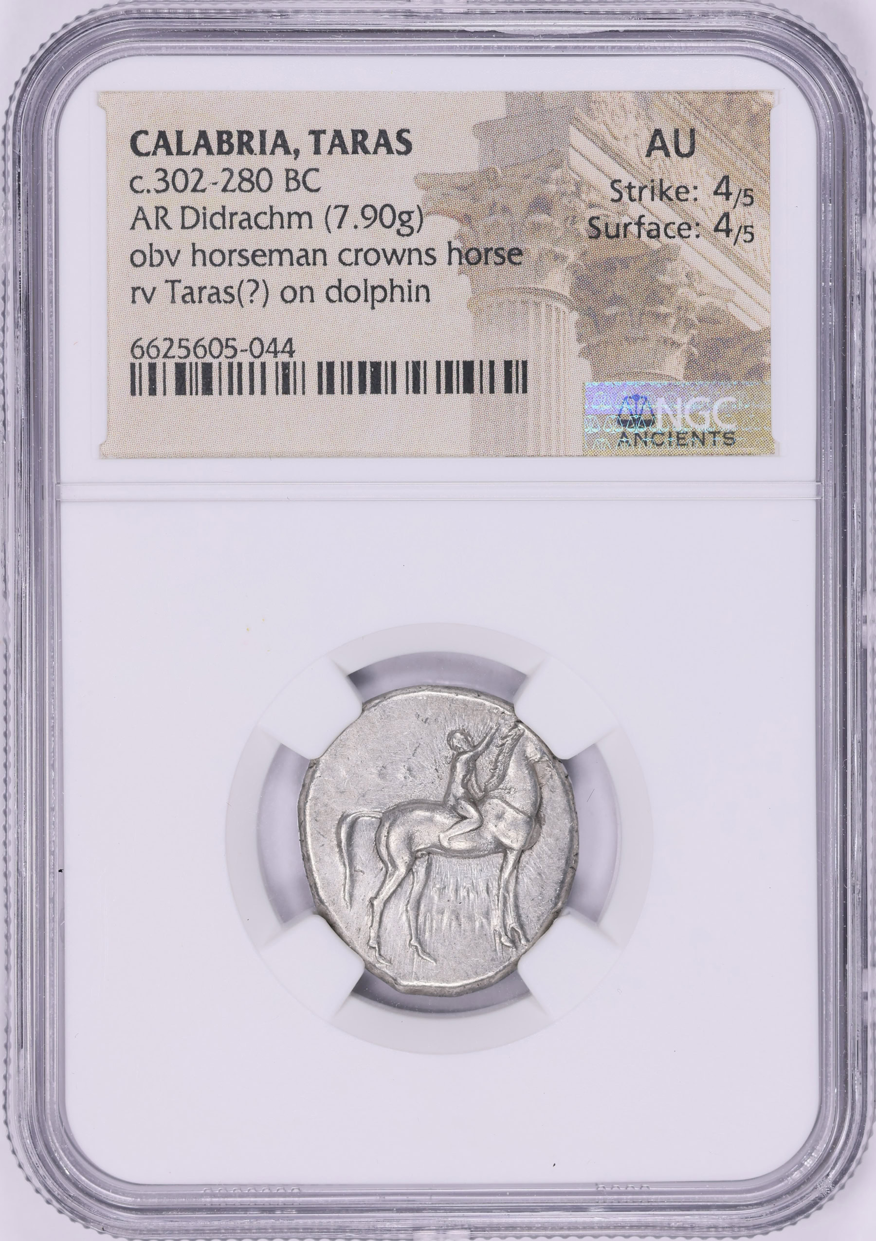 Ancient Calabria, Taras c.302-280 B.C. AR Didrachm (7.90gms) NGC AU ...