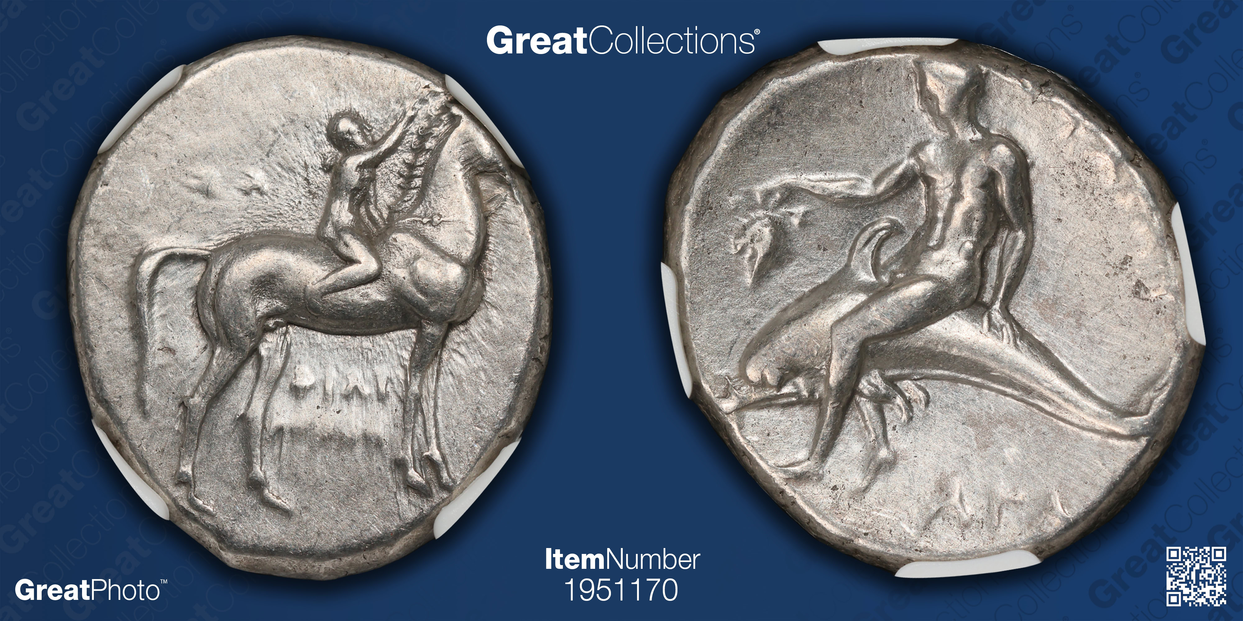 Ancient Calabria, Taras c.302-280 B.C. AR Didrachm (7.90gms) NGC AU ...