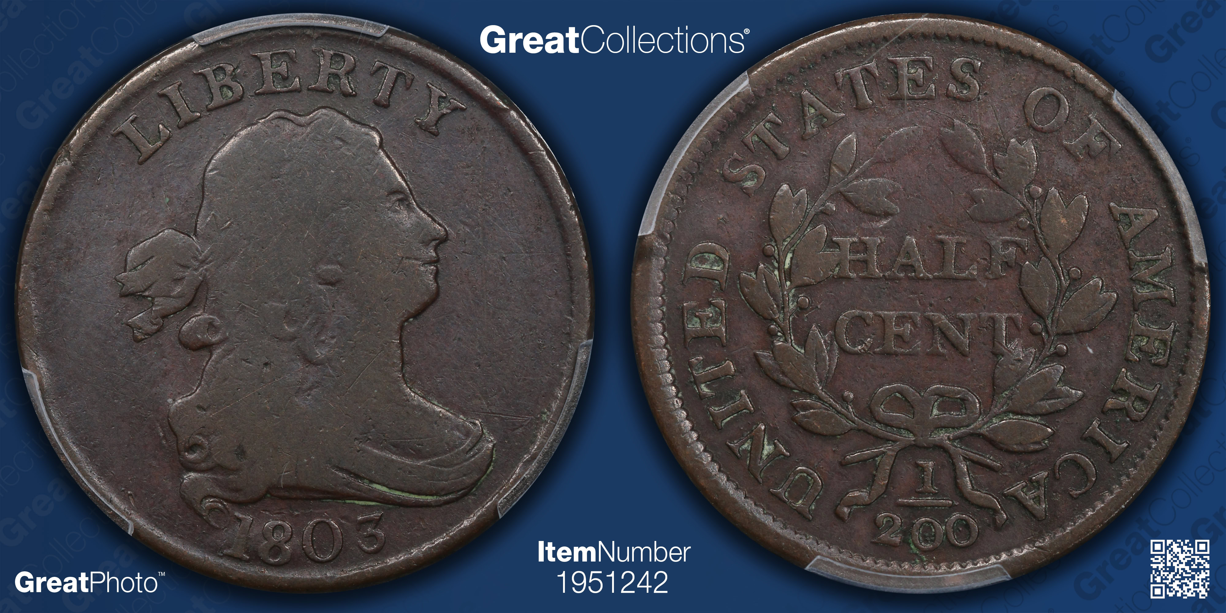 1803 Draped Bust Half Cent Cohen 3 PCGS VG-08 BN (Item 1951242 ...