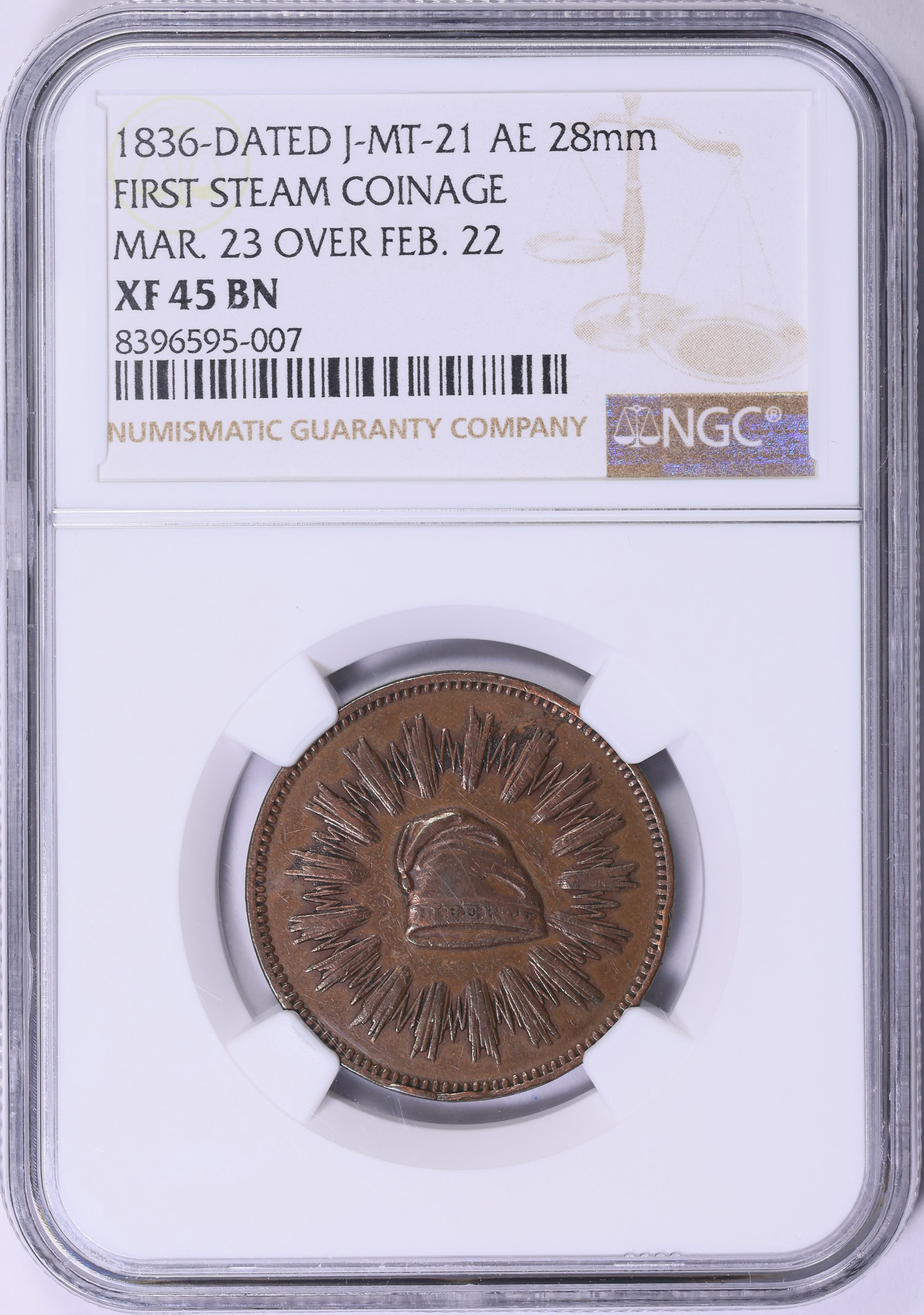 1836-Dated Bronze 28mm First Steam Coinage Medal Mar. 23/Feb. 22 NGC XF ...