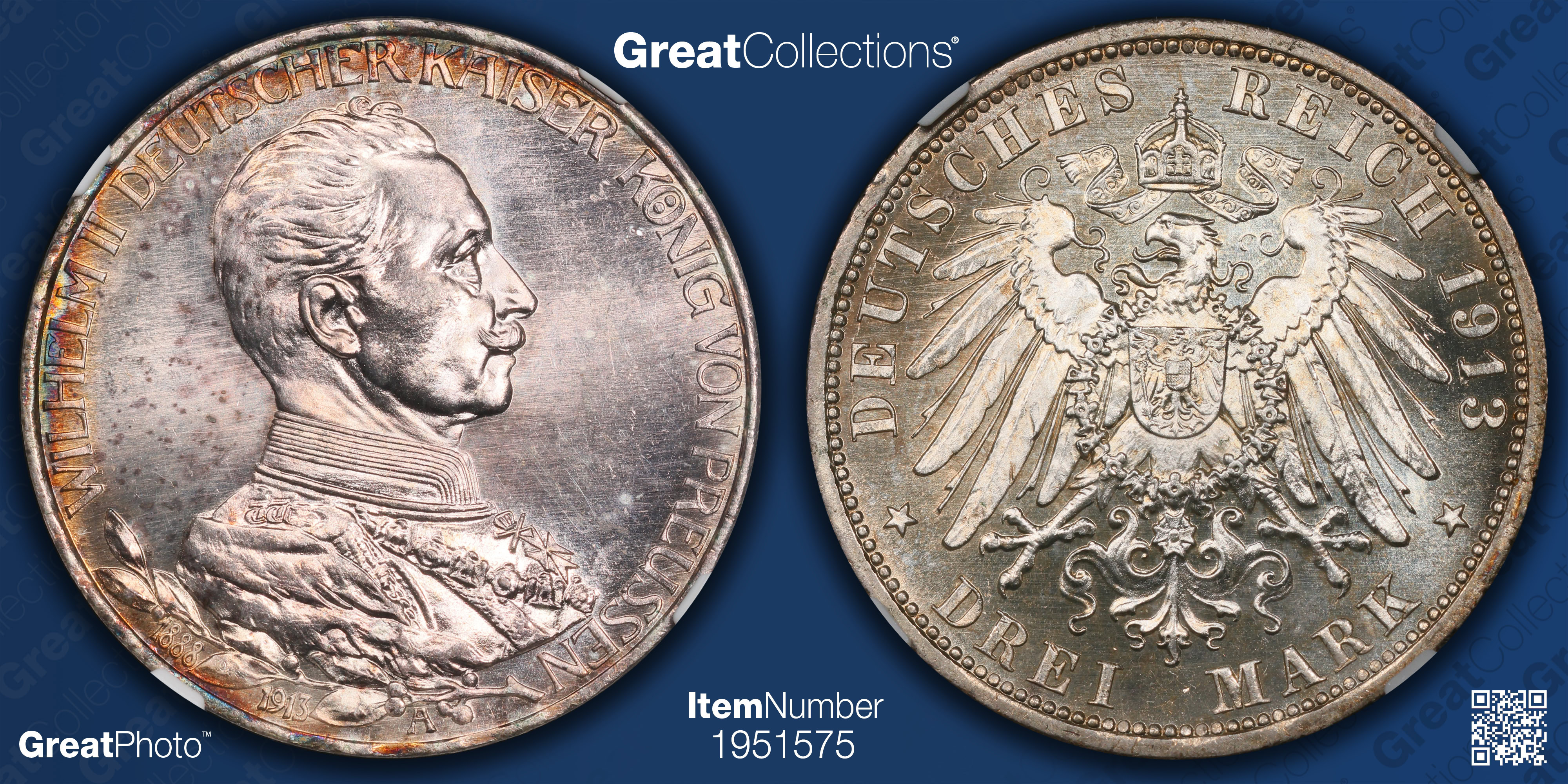 Germany - Prussia 1913-A Silver 3 Marks 25th Year of Reign KM-535 NGC ...