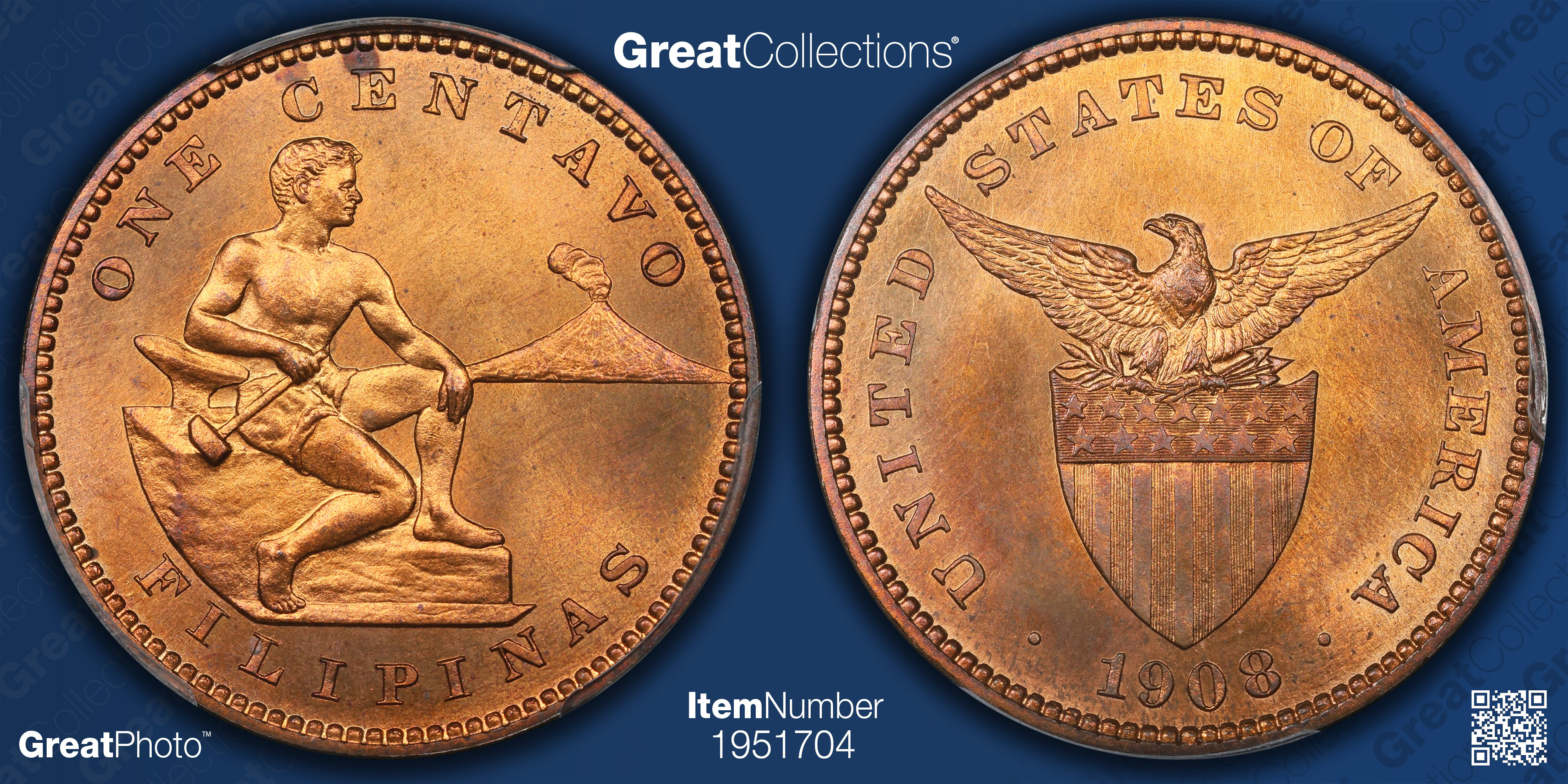 1908 U.S. Philippines One Centavo PCGS Proof-65 RD (Item 1951704 ...