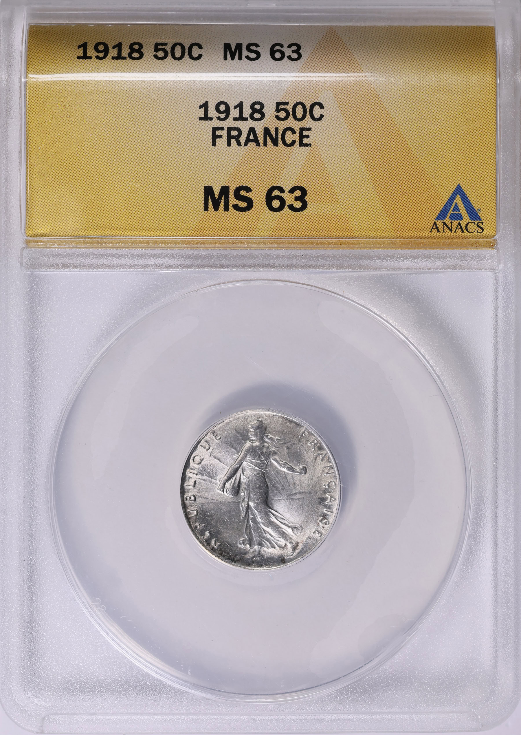 France 1918 Silver 50 Centimes KM-854 ANACS MS-63 (Item 1953125 ...