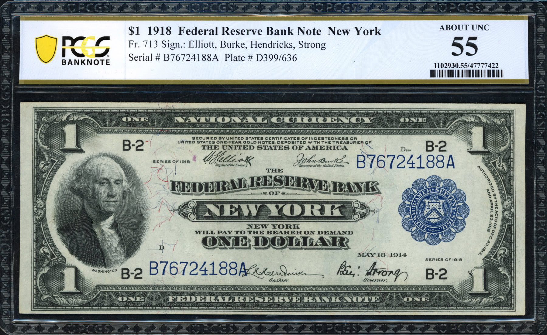 Fr. 713 1918 $1 New York Federal Reserve Bank Note Elliott / Burke ...