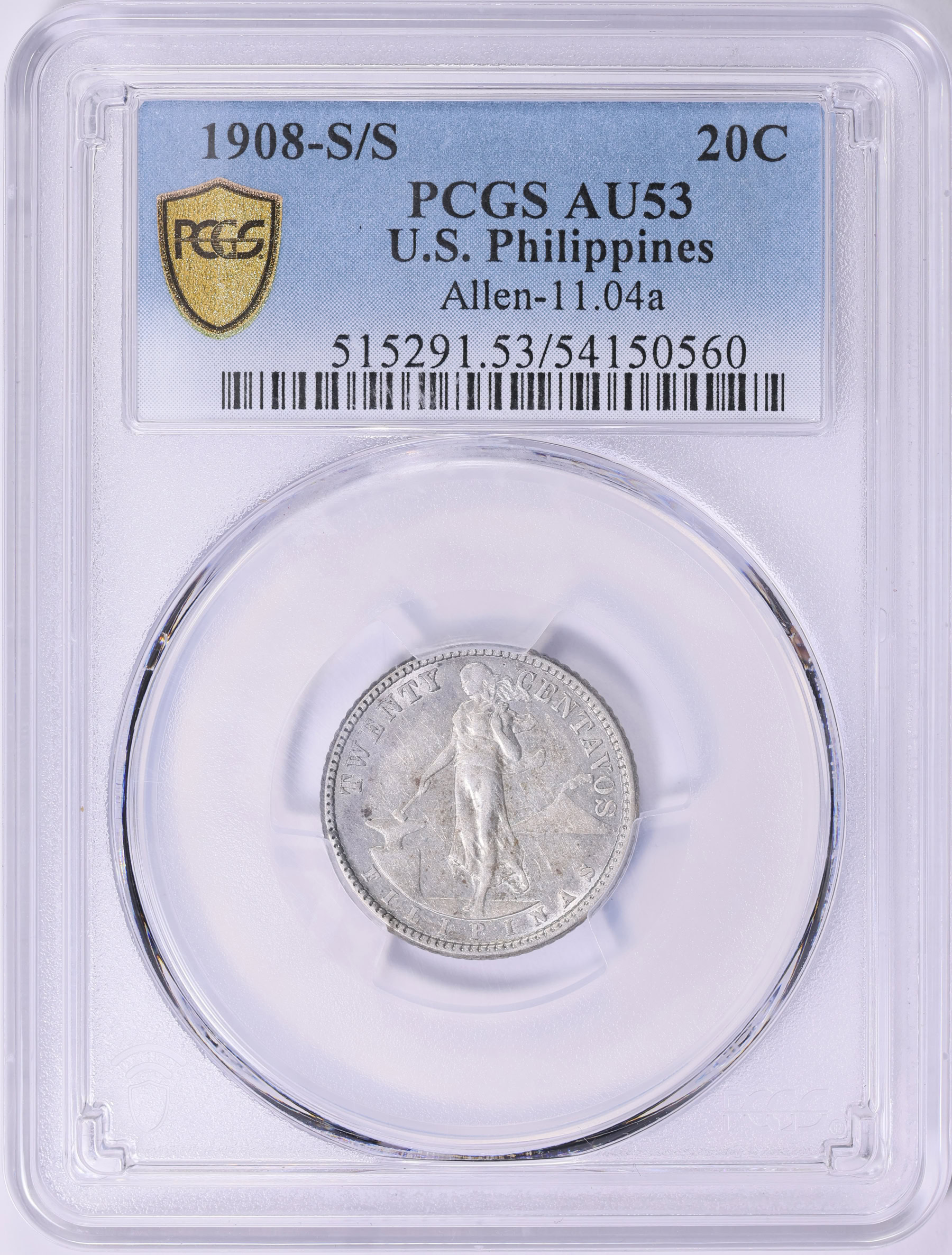 1908-S/S U.S. Philippines Twenty Centavos Allen-1104a PCGS AU-53 (Item ...