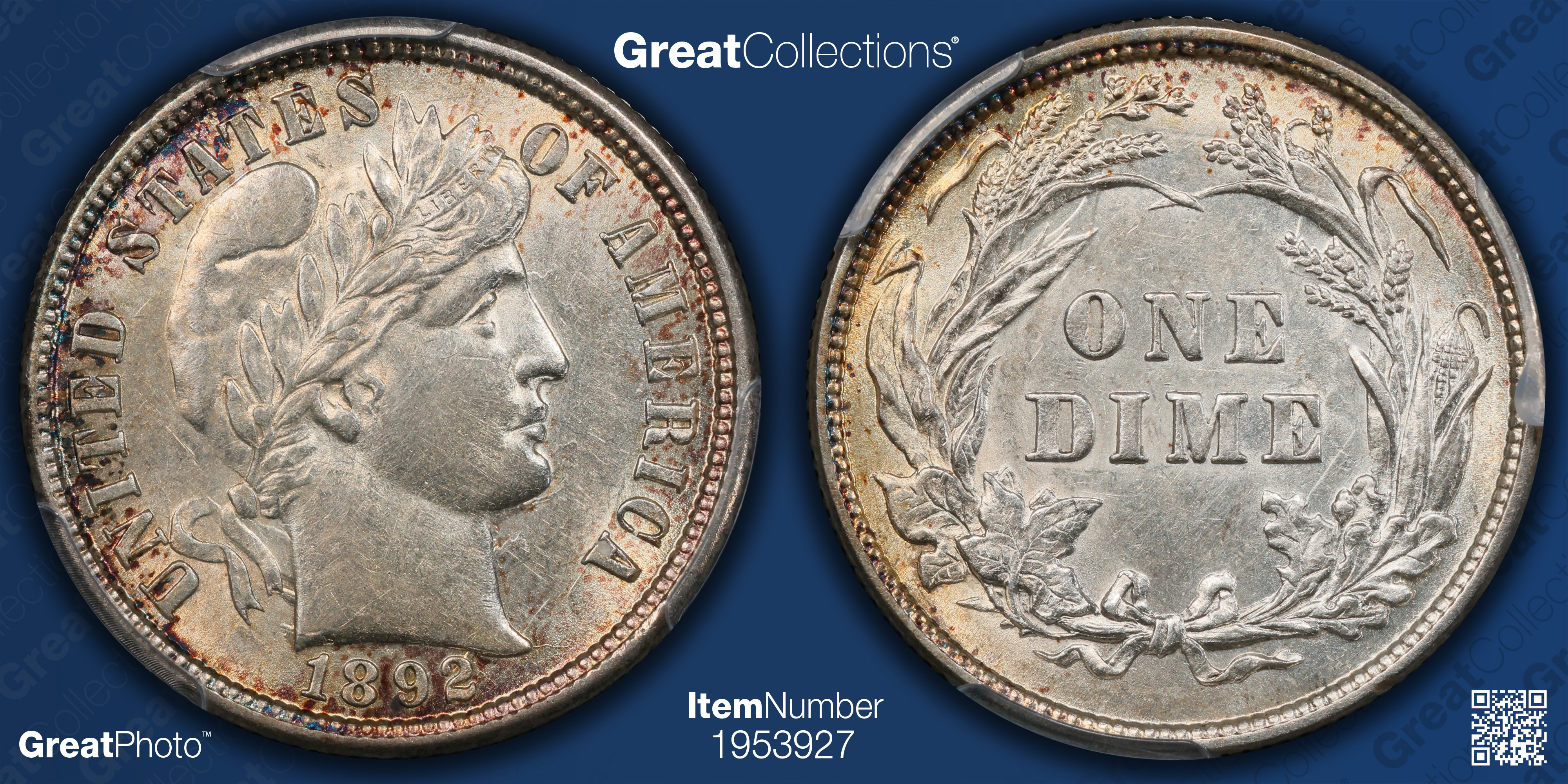 1892 Barber Dime PCGS AU-58 (Item 1953927) | GreatCollections Coin Auctions