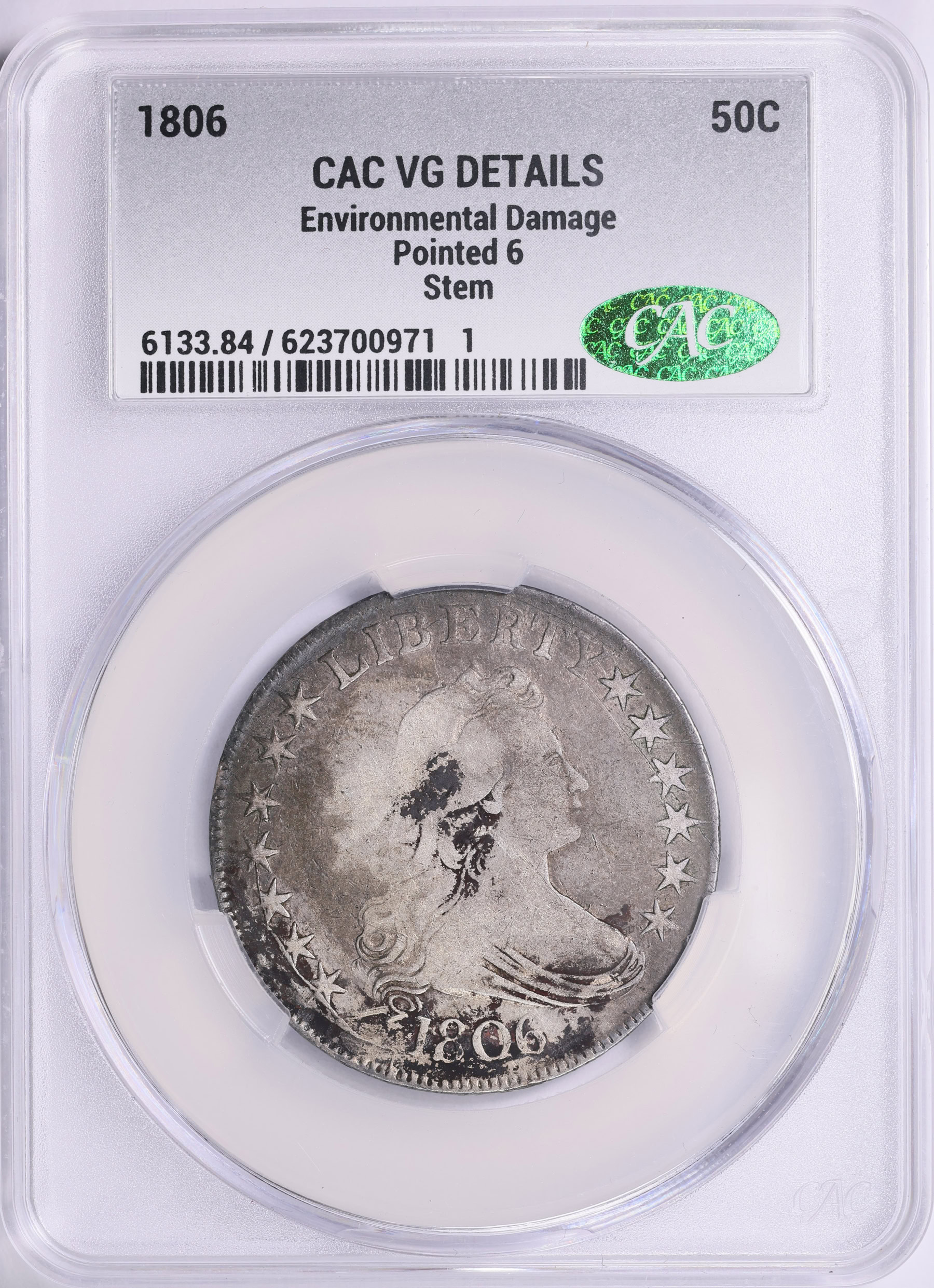 1806 Draped Bust Half Dollar Pointed 6, Stem Through Claw CACG VG ...
