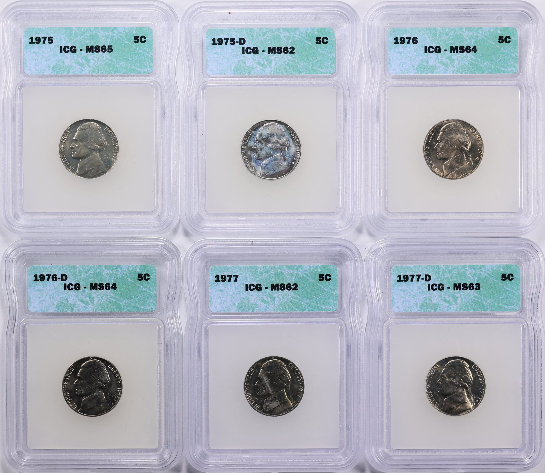 1975 - 1977 Jefferson Nickel Selection ICG Various Grades (6 Coins ...