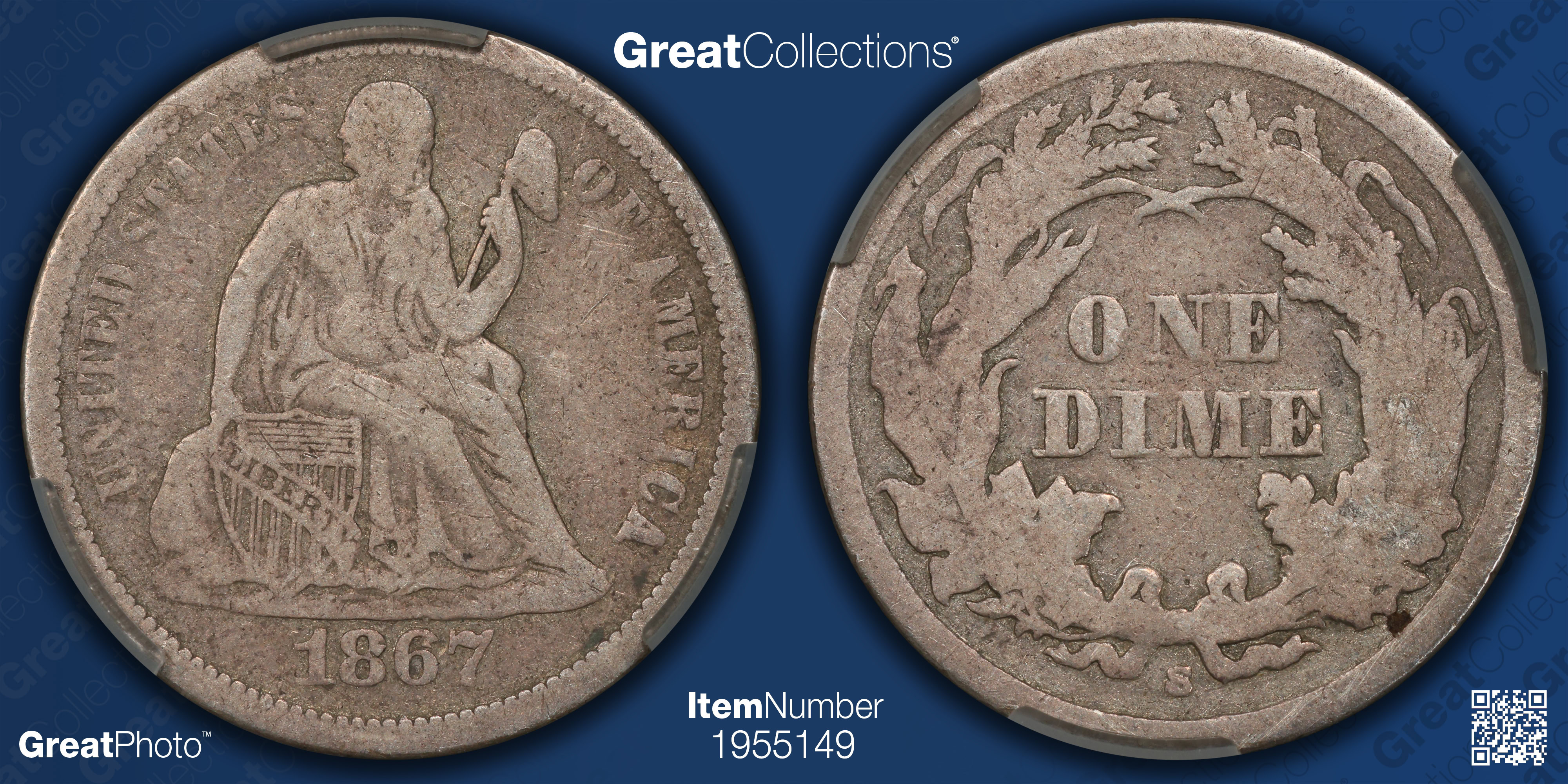 1867-S Seated Liberty Dime CACG VG-10 (Item 1955149) | GreatCollections ...