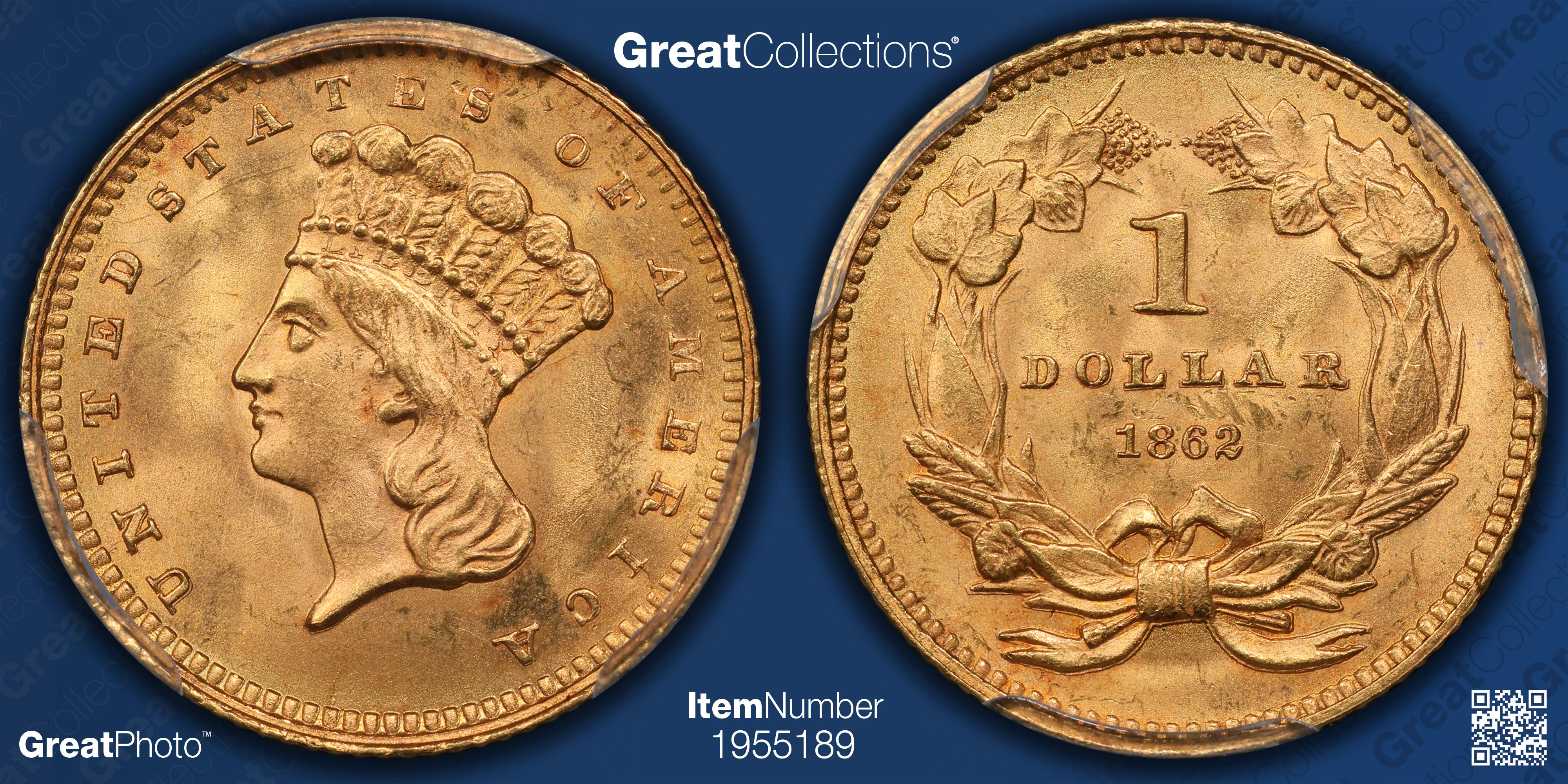 1862 Indian Princess Gold Dollar PCGS MS-64 (Item 1955189 ...