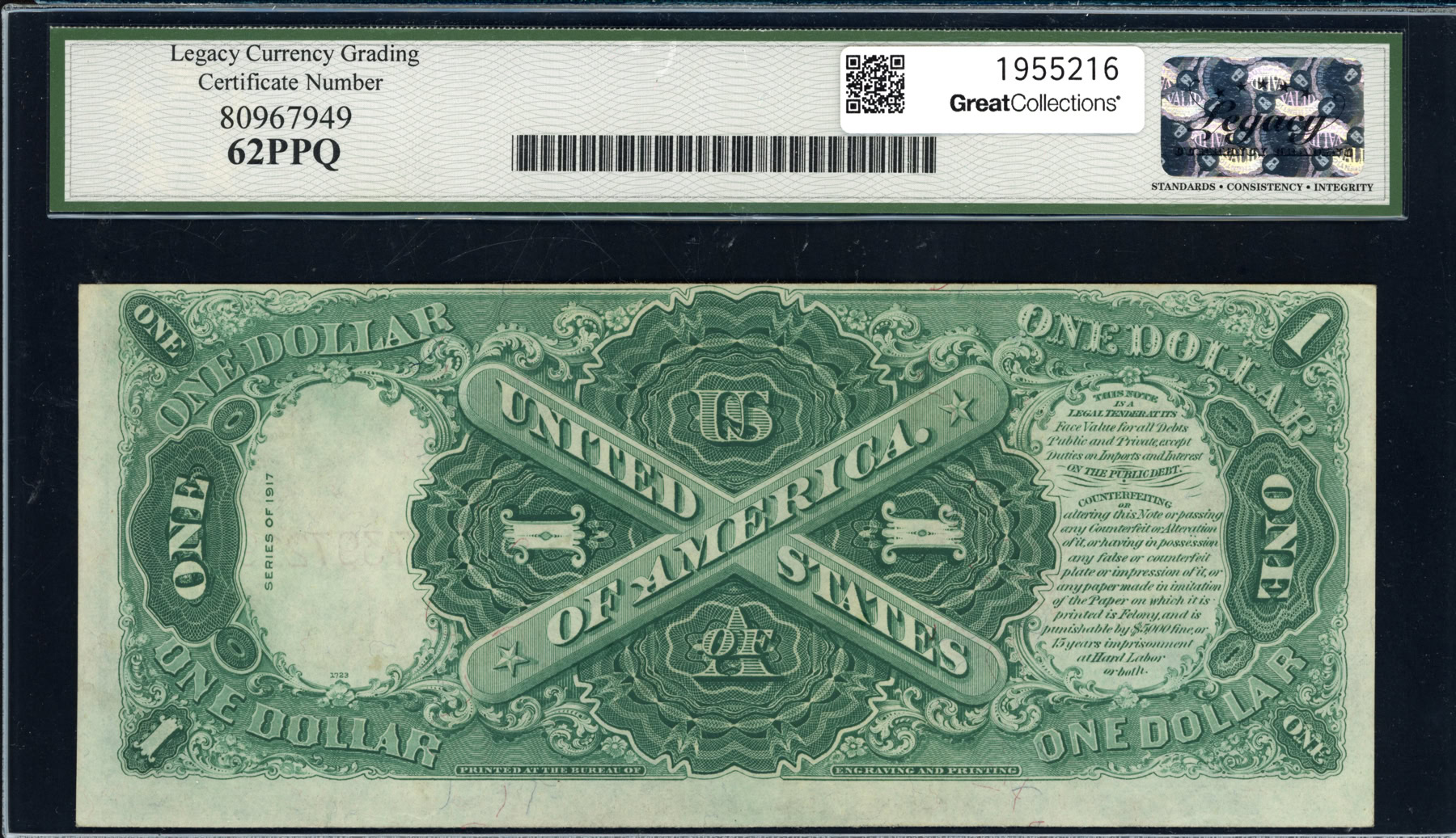 Fr. 37 1917 $1 Legal Tender Note Elliott / Burke Legacy New 62 PPQ ...