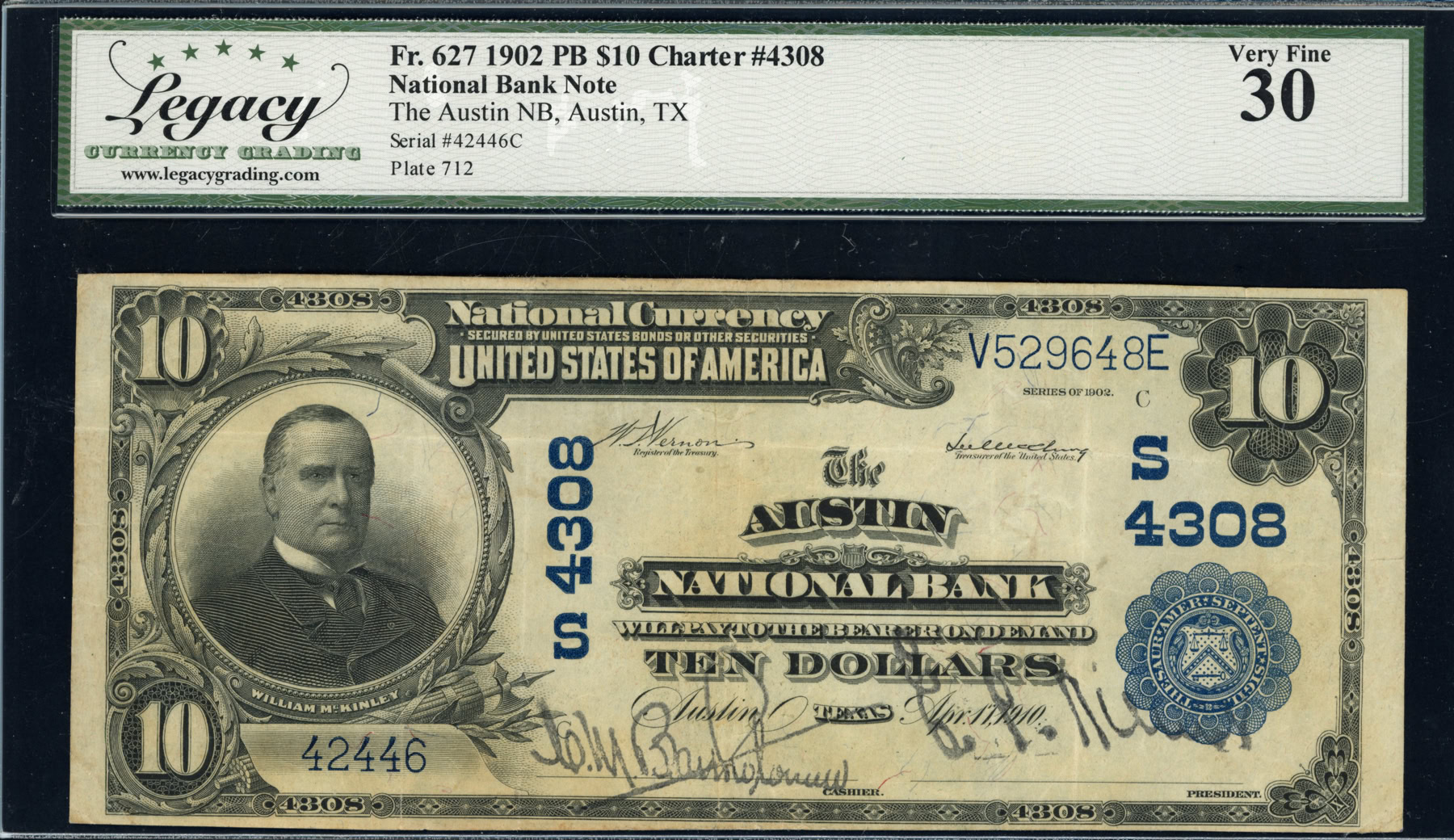 Fr. 627 Austin, Texas 1902 $10 Plain Back Note The Austin National Bank ...
