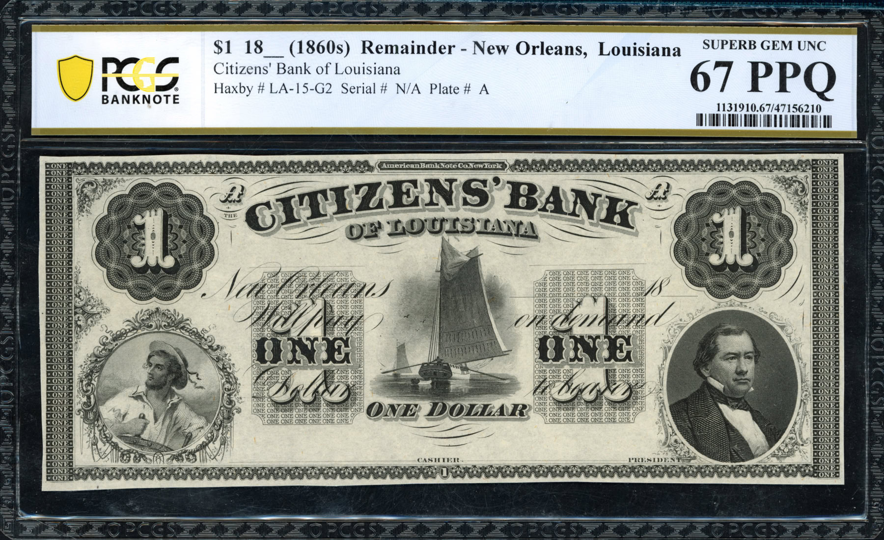 1860s New Orleans, Louisiana Citizens' Bank of Louisiana $1 Remainder ...