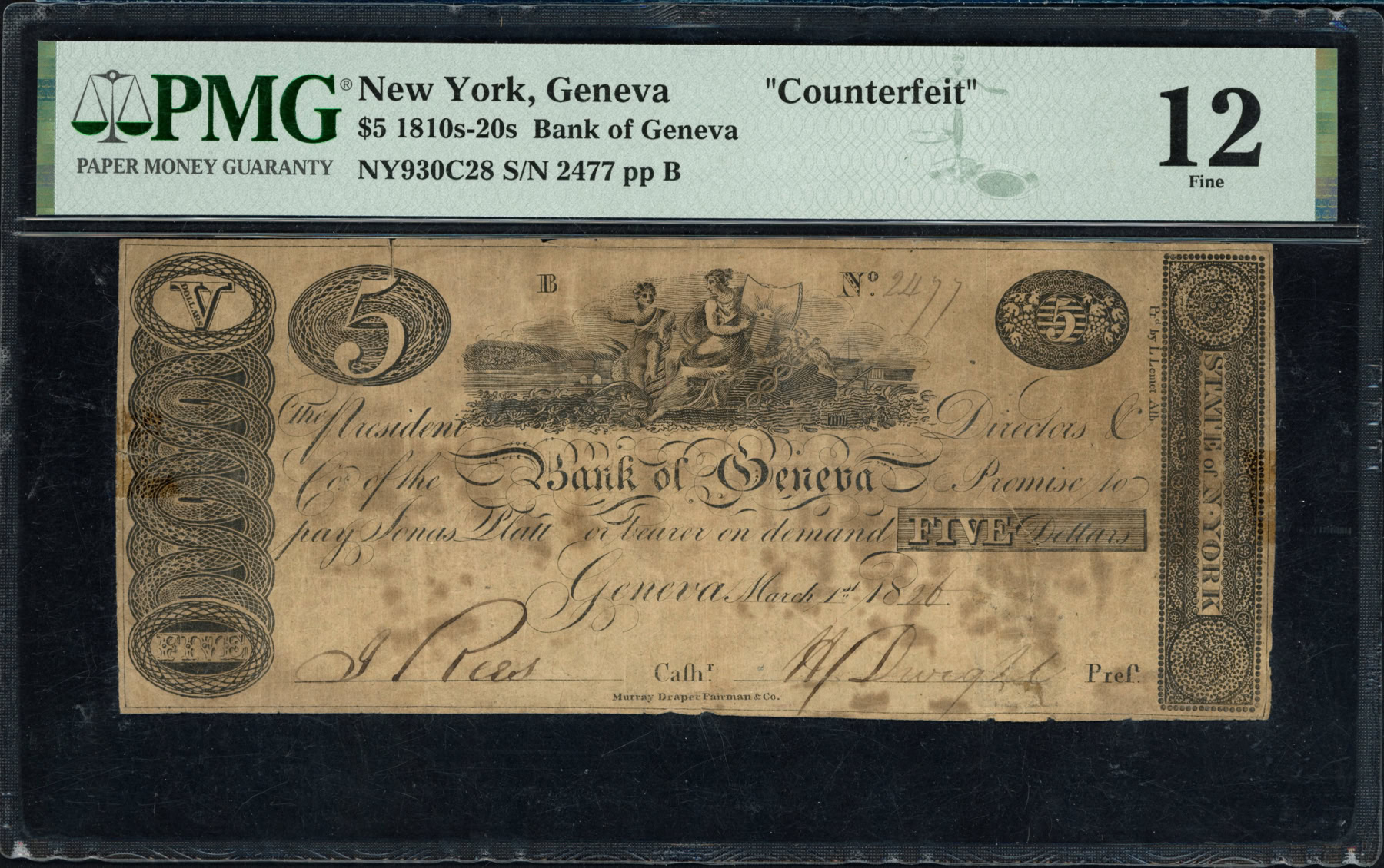 1826 Geneva, New York Bank of Geneva $5 Counterfeit Note PMG Fine 12 ...