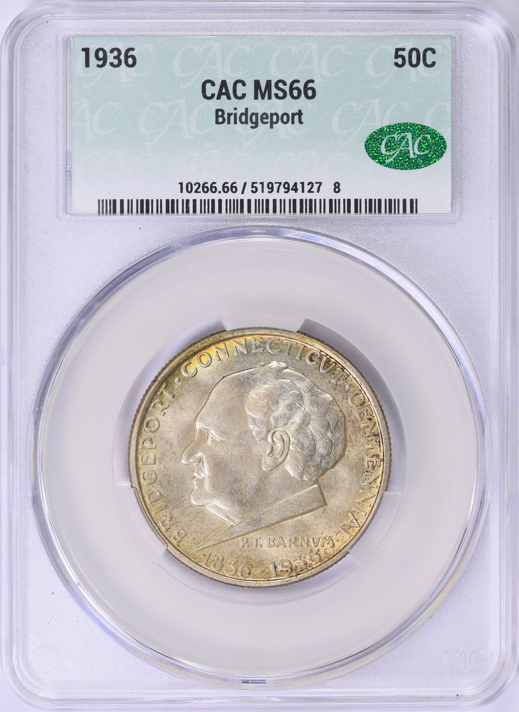 1936 Bridgeport, Connecticut, Centennial Half Dollar CACG MS-66 (Toned ...